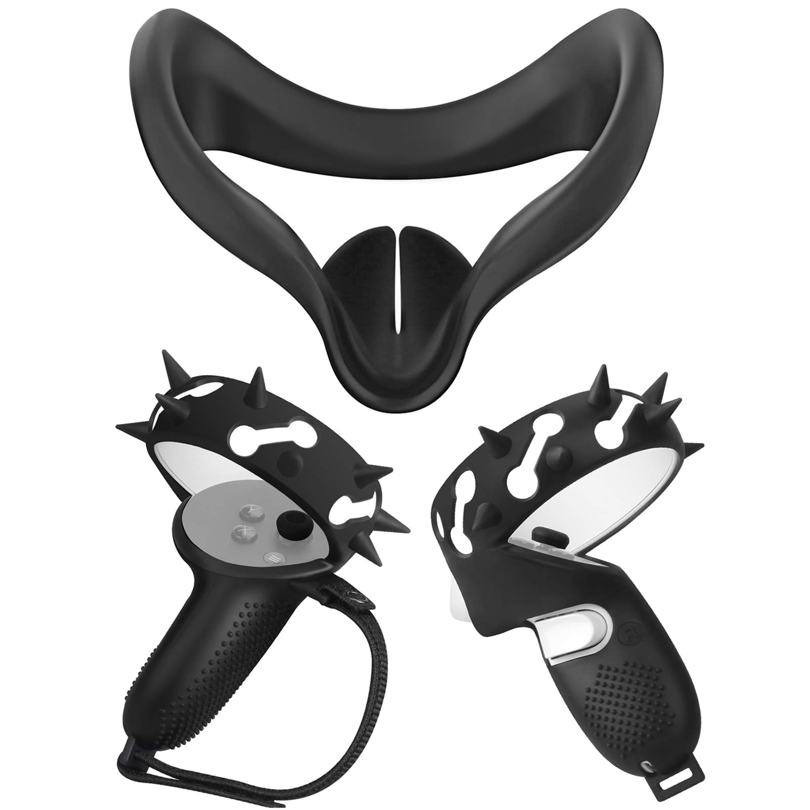 MASiKEN Controller Grips Cover with Face Cover for Meta Oculus Quest 2, Anti-Throw Grips Spike Cover with Adjustable Wrist Strap and Sweatproof Silicone Face Pad, Quest 2 Accessories Kit (Black)