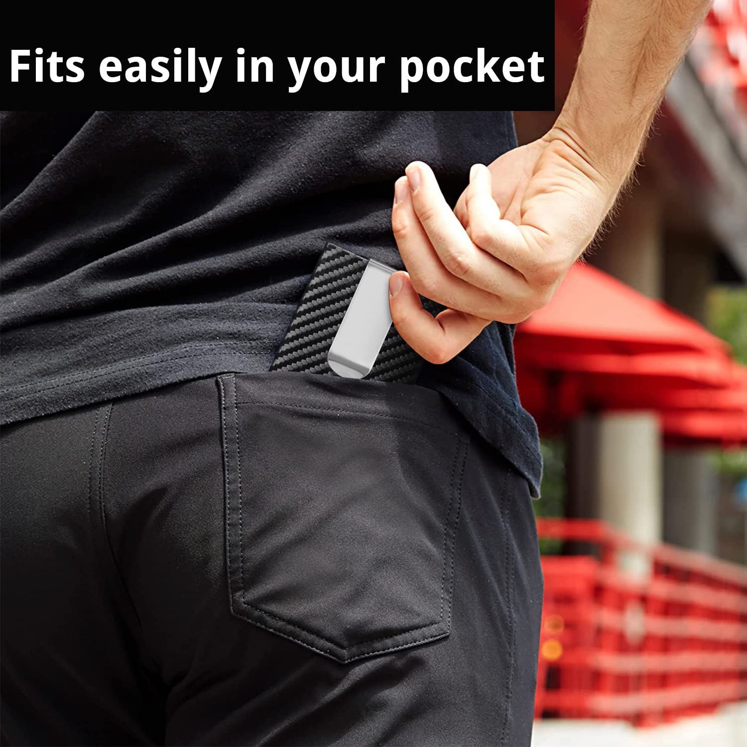 SLUKULU Slim Wallet for Men with Money Clip and Credit Card Holder, RFID Blocking Carbon Fiber Wallet,Minimalist Pop-Up Metal Front Pocket Wallet. (Black)