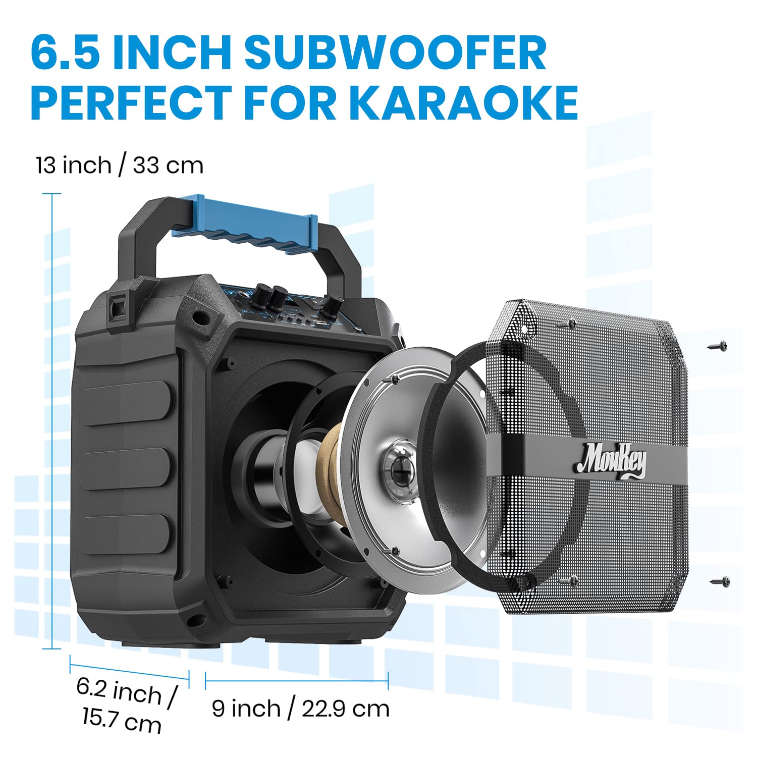 Moukey Portable Karaoke Machine - Bluetooth PA Speaker with Microphone, 6.5'' Stereo Speaker, DJ Lights, FM Radio, Remote Control, Rechargeable, Supports TF Card/USB - MPS2