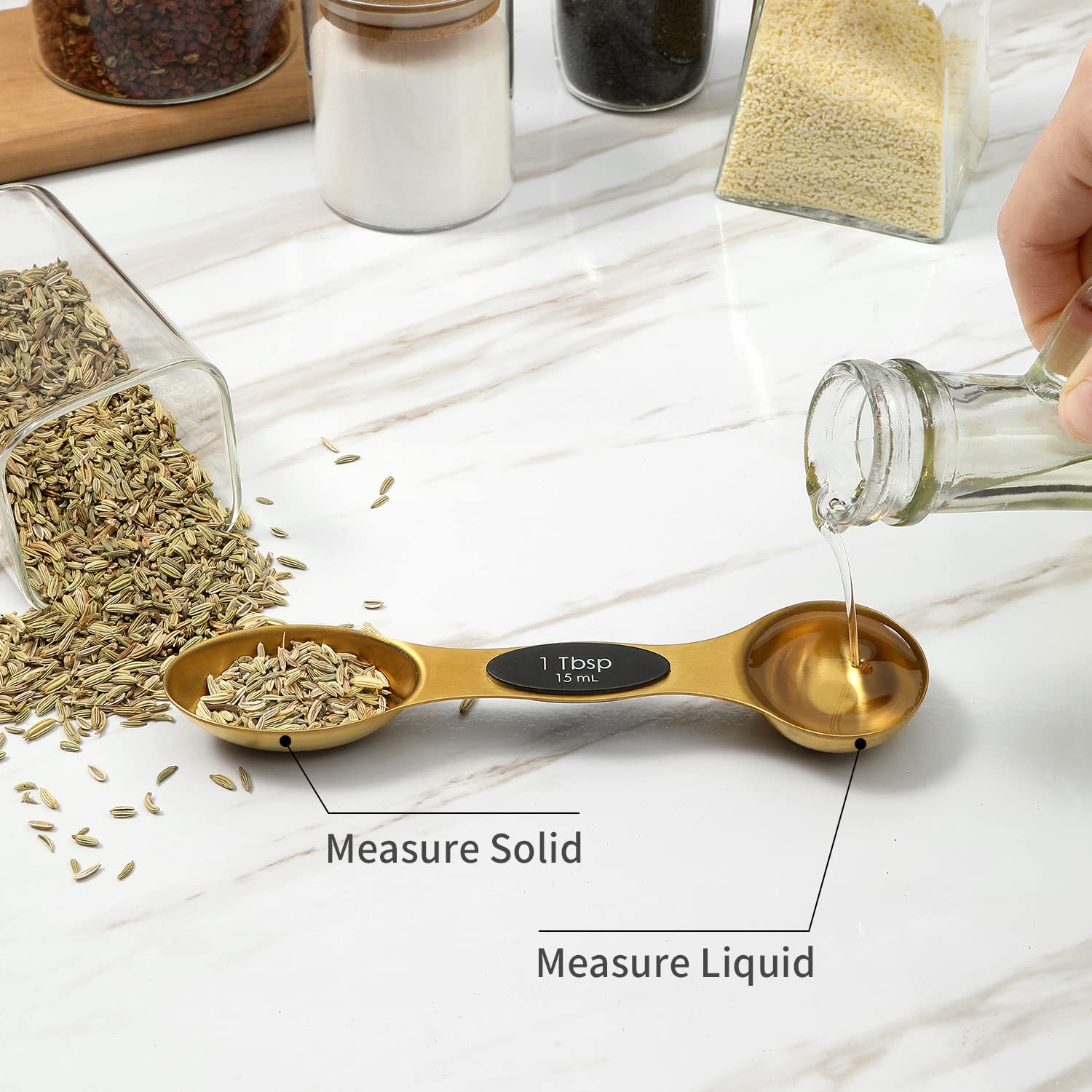 TLQSM Magnetic Measuring Spoons Set, Stainless Steel, Dual Sided, Stackable, Dual Sided for Measuring Dry and Liquid Ingredients, Fits in Spice Jars, Set of 8(Gold )