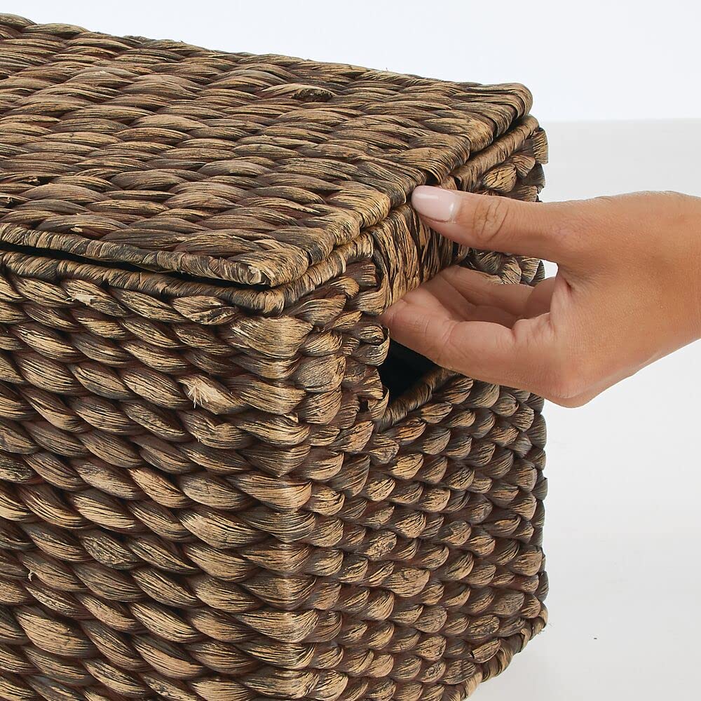 mDesign Woven Water Hyacinth Rectangle Storage Organizer Basket Bin with Topper Lid and Handles - Natural Farmhouse Holder Containers for Closet, Bedroom, Bathroom, Office - Set of 3 - Dark Brown