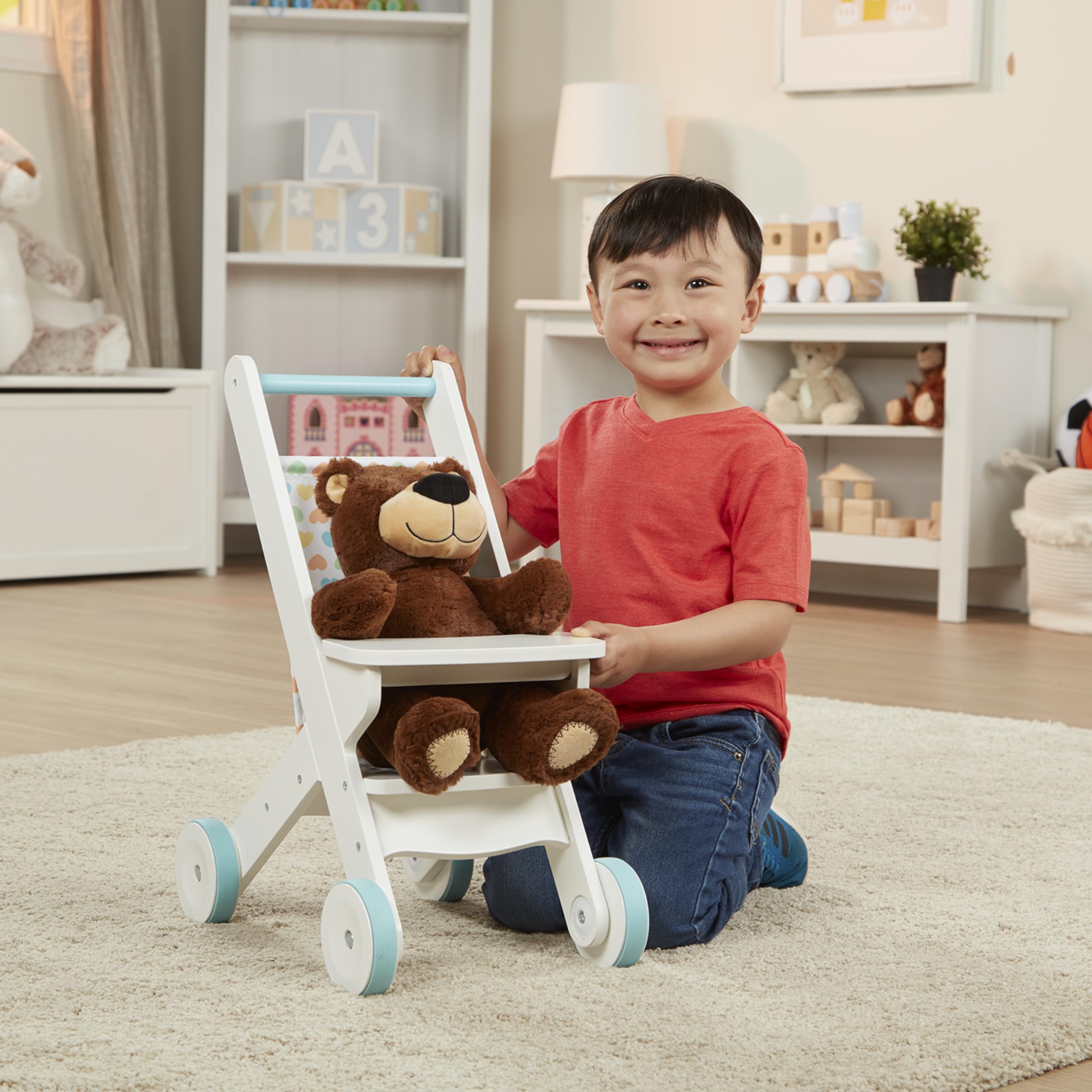 Melissa & Doug Mine to Love Wooden Play Stroller for Dolls-Stuffed Animals - White (18”H x 8”W x 11”D Assembled)