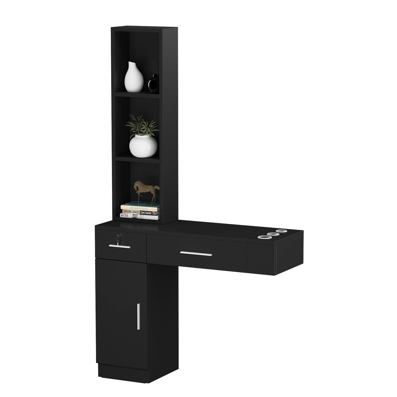 mefeir Wall Mount Hair Styling Barber Station Beauty Hair Salon Spa Equipment Set with 3 Tier Shelf, Lockable Drawer & Cabinet, Easy Assembled (Black)