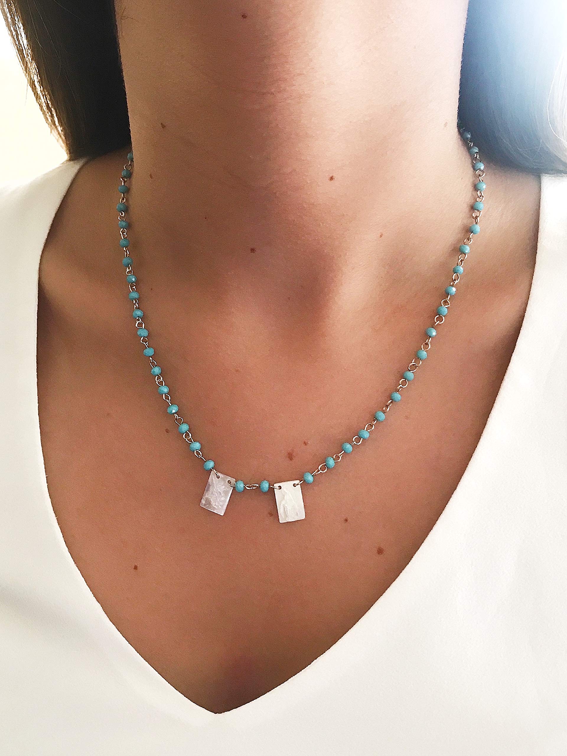 LESLIE BOULES Catholic Scapular Necklace 18 Inches Length Turquoise Crystal Beads Chain