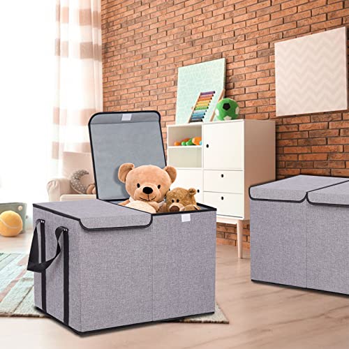 OUTBROS Box Chest Storage Organizer with Double Flip, 17.7 * 11.8 * 11.8 inch Collapsible Sturdy Boxes Organizer Bins with Big Handles, for Nursery, Playroom, Clothes, Blanket, Bedroom (2 Pack, Grey)
