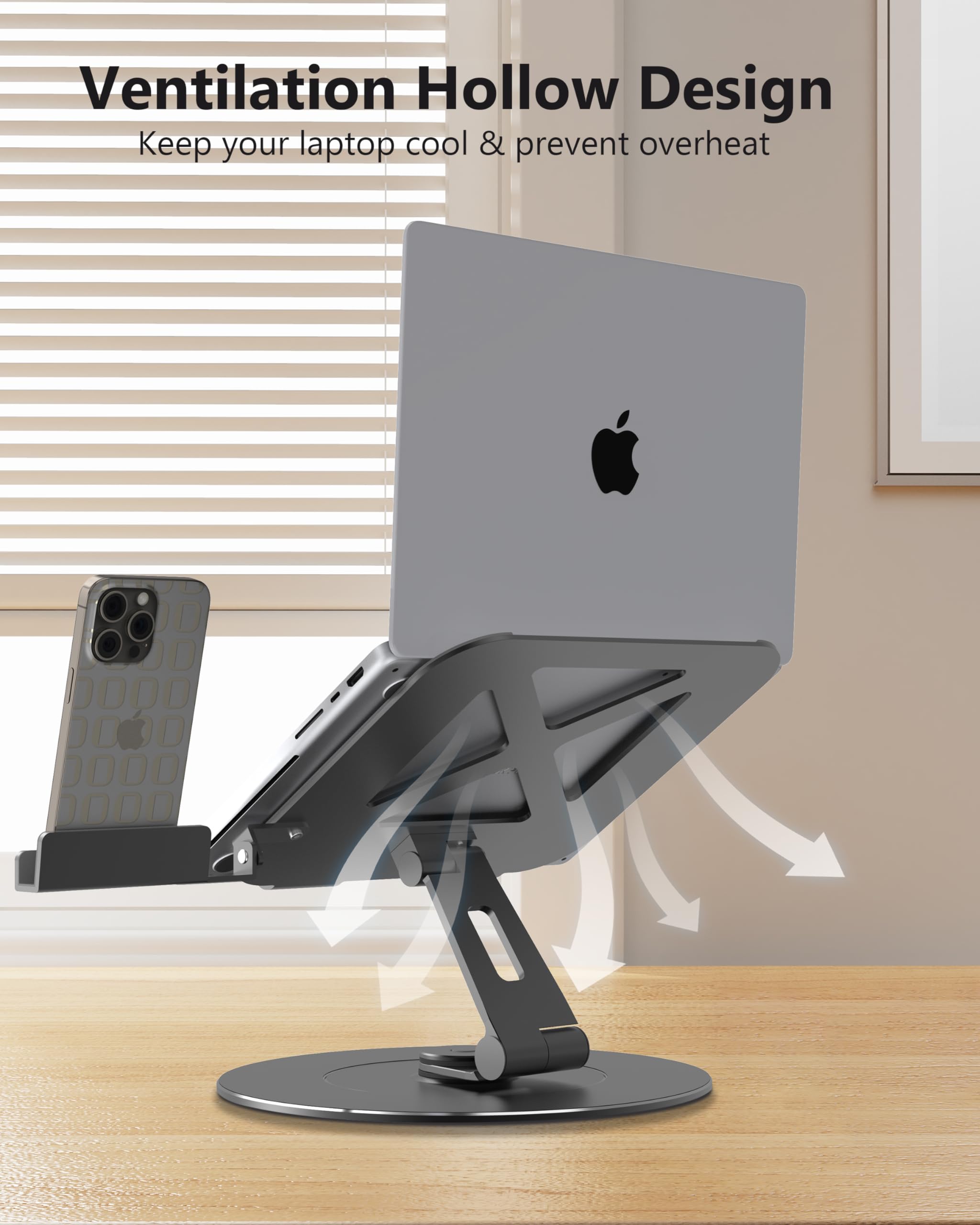 LOXP Ultra-Stable Aluminumy Swivel Laptop Stand for Desk with Rotating Foldable Phone Holder, 300% Large Base Stability, Anti-Loosening,Suitable for 10"-17.3" Laptops, Black
