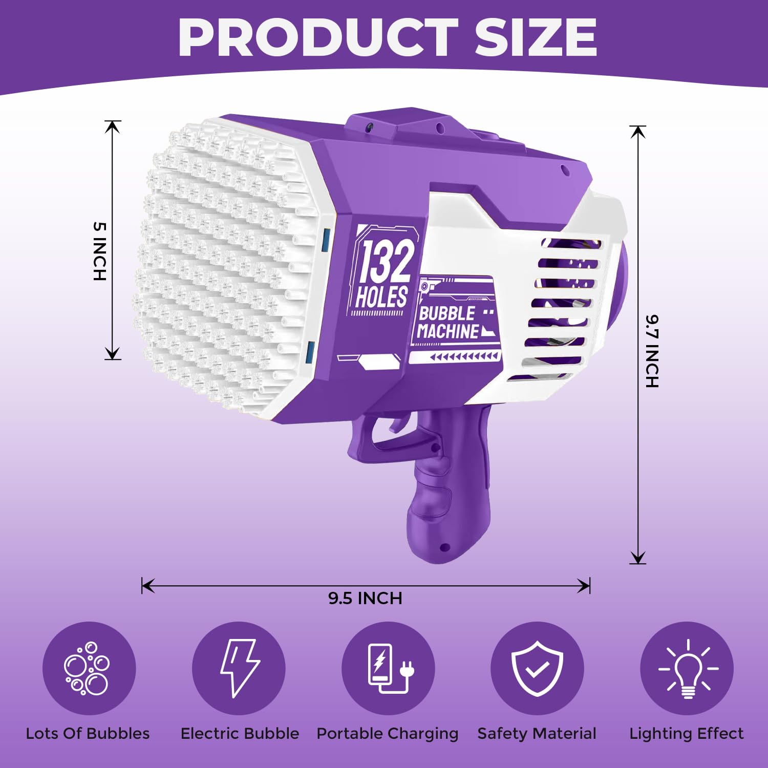 Kubromsky 132 Hole Bubble Machine Gun with Lights for Kids and Adults - Bazooka Bubble Gun for Kids and Special Events - 5000+ Bubble Blaster Per Min - Electric Rocket Bubble Gun (Purple)