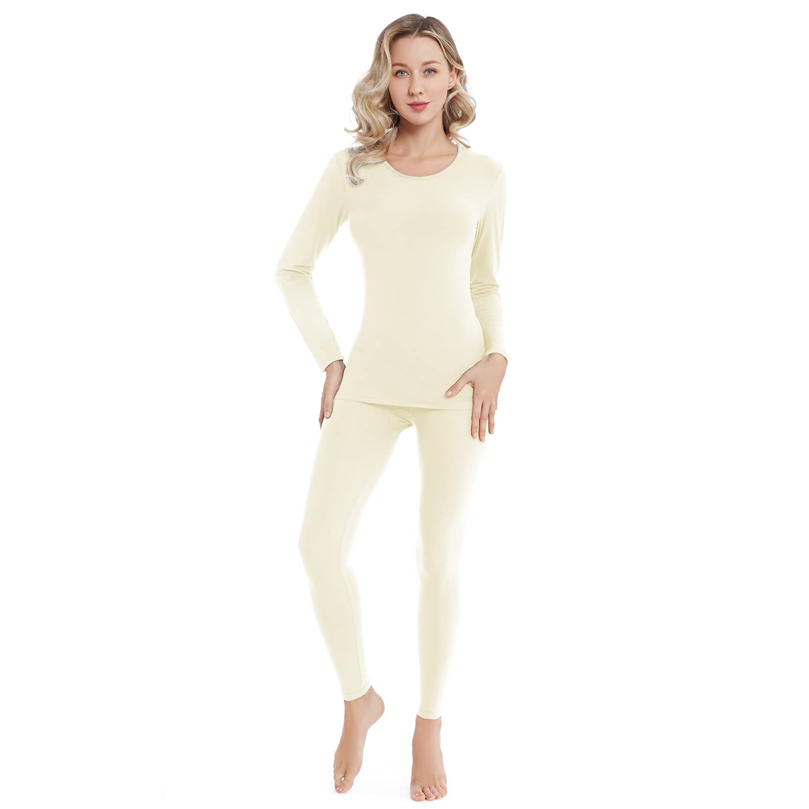 qingduomao Women's Thermal Underwear Set Ultra-Soft Top & Bottom Ski Base Layer Lightweight Long Johns, White XL
