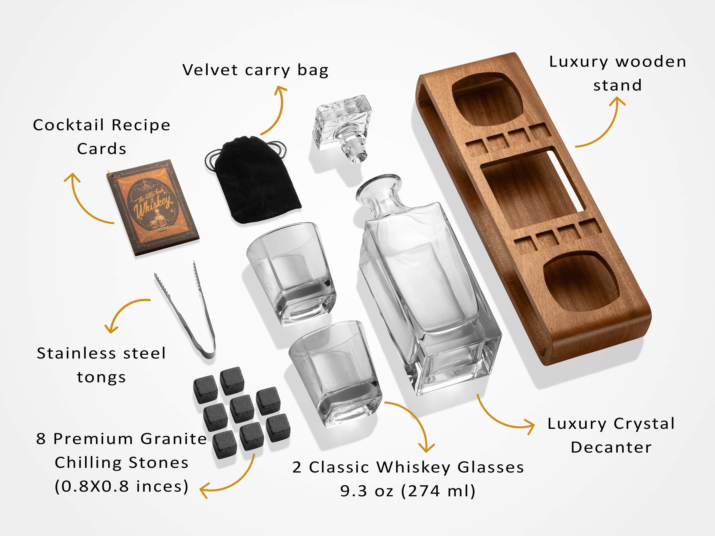 ROCKSLY Whiskey Stones Gift Set for Men | Whiskey Decanter Set With Wood Stand | Bourbon Decanter with Scotch Glasses, 8 Granite Whiskey Stones| Ideal For Whiskey Lovers | Gift Set For Dad, Boyfriend