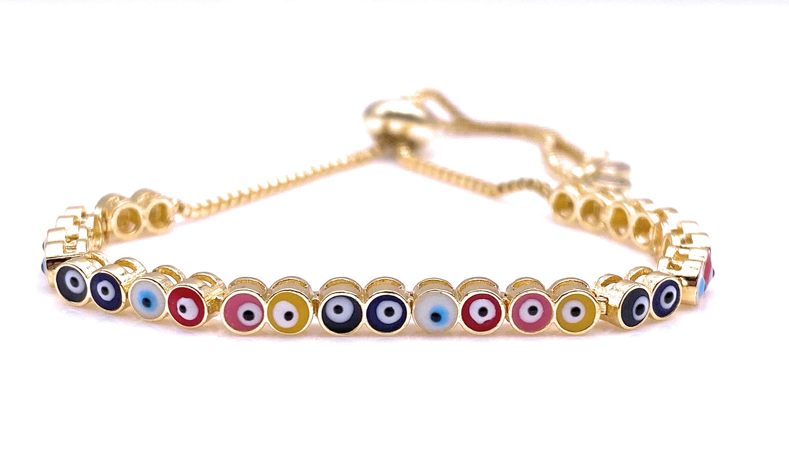 LESLIE BOULES Multicolored Strand Evil Eyes Bracelet 18K Gold Plated Adjustable Chain Protection Jewelry