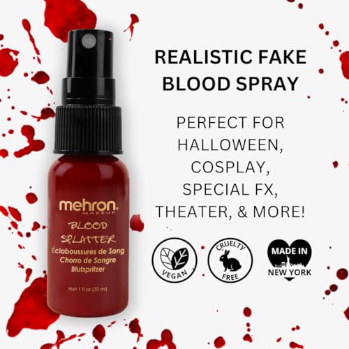 Mehron Makeup Blood Splatter | Professional Fake Spray Blood | Fake Blood Makeup for Performance, Halloween, Face Paint, Costumes, & Special FX 1 fl oz (29 ml)