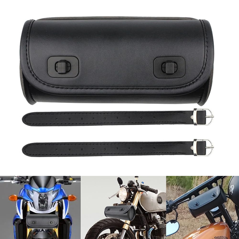 kucehiup Motorcycle Handlebar Bag,Tool Bag PU Leather Universal Barrel Roll Bag Motorcycle Fork Bag Saddlebags Sissy Bar Pouch Storage Bag for Motorbike Bike(Black)