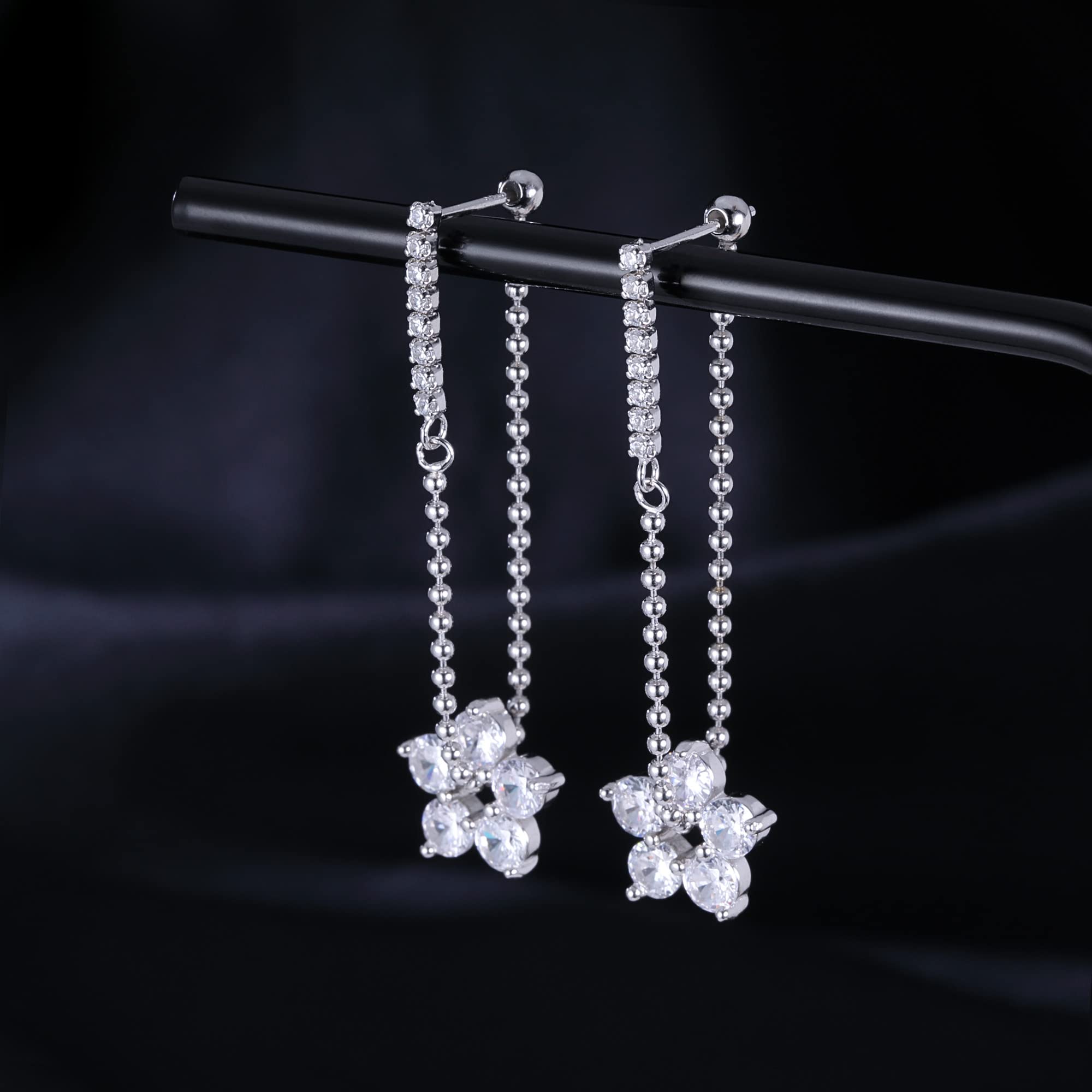 SLUYNZ 925 Sterling Silver CZ Flower Dangle Earrings Chain for Women Crystal Flower Drop Earrings Tassel Chain (A-Silver)