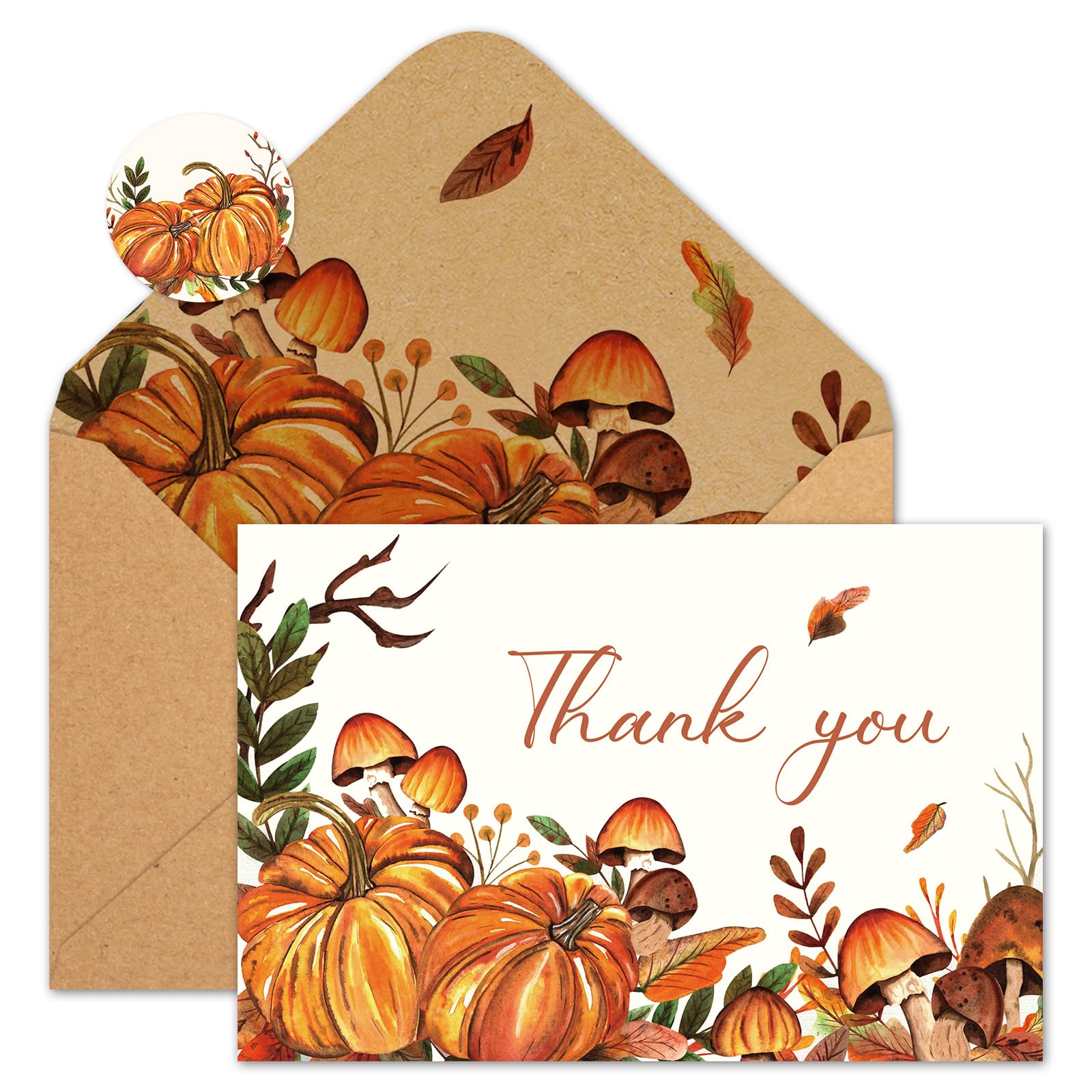 Whaline 24 Pack Fall Thank You Cards Autumn Mushroom Pumpkin Leaves Greeting Cards with Envelopes Stickers Vintage Blank Note Cards for Thanksgiving Harvest, 4 x 6 Inch