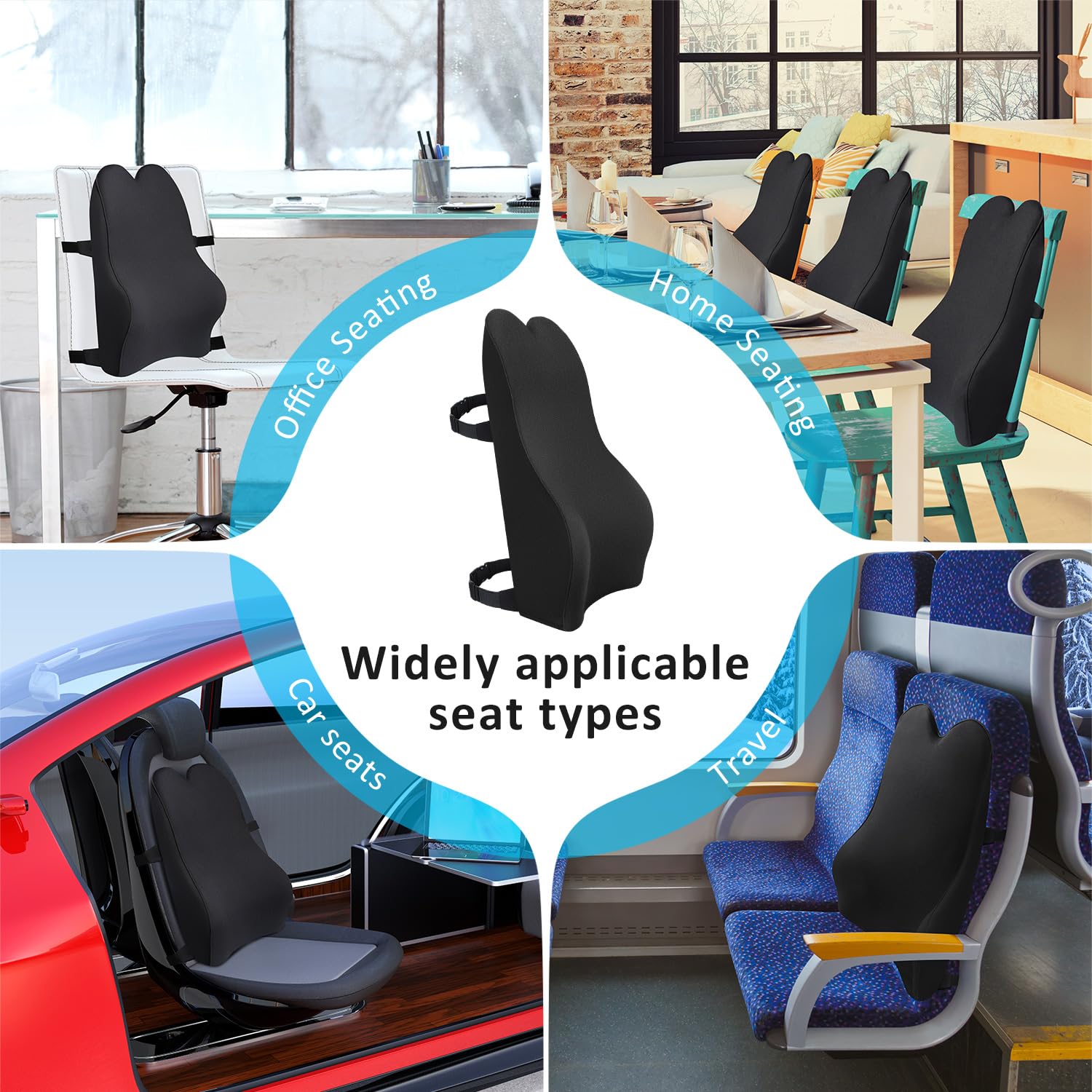 Lumbar Support Pillow for Office, Long Chair, Car -Memory Foam Support for Upper,Middle and Lower Back Pain Relief/Posture Improved with Double Strap-Black
