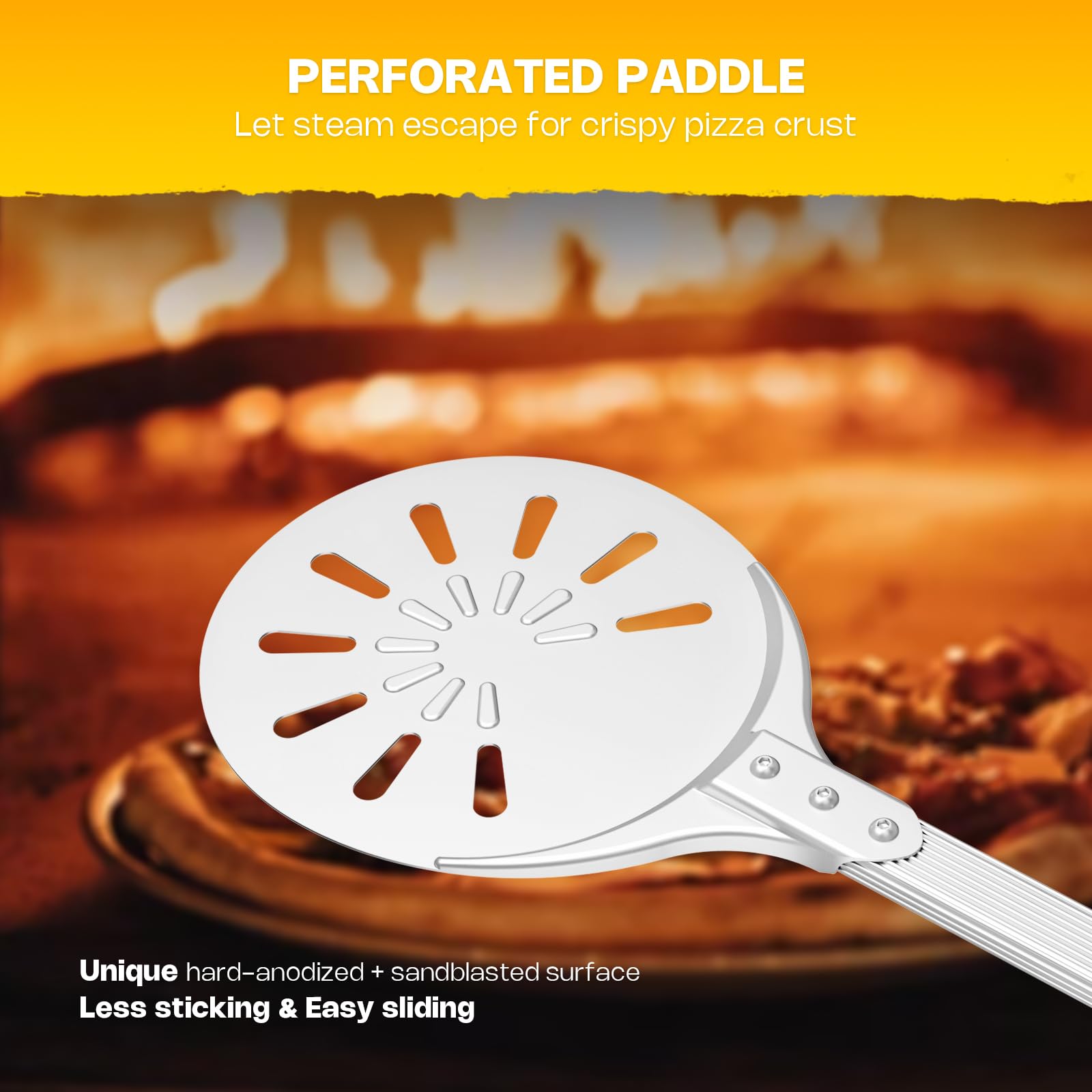 TUVOLLZ Pizza Turning Peel 8-inch, Hard-anodized Aluminum Pizza Turner Peel Long Handle, Lightweight Perforated Turning Pizza Peel Spinner, Pizza Oven Accessories