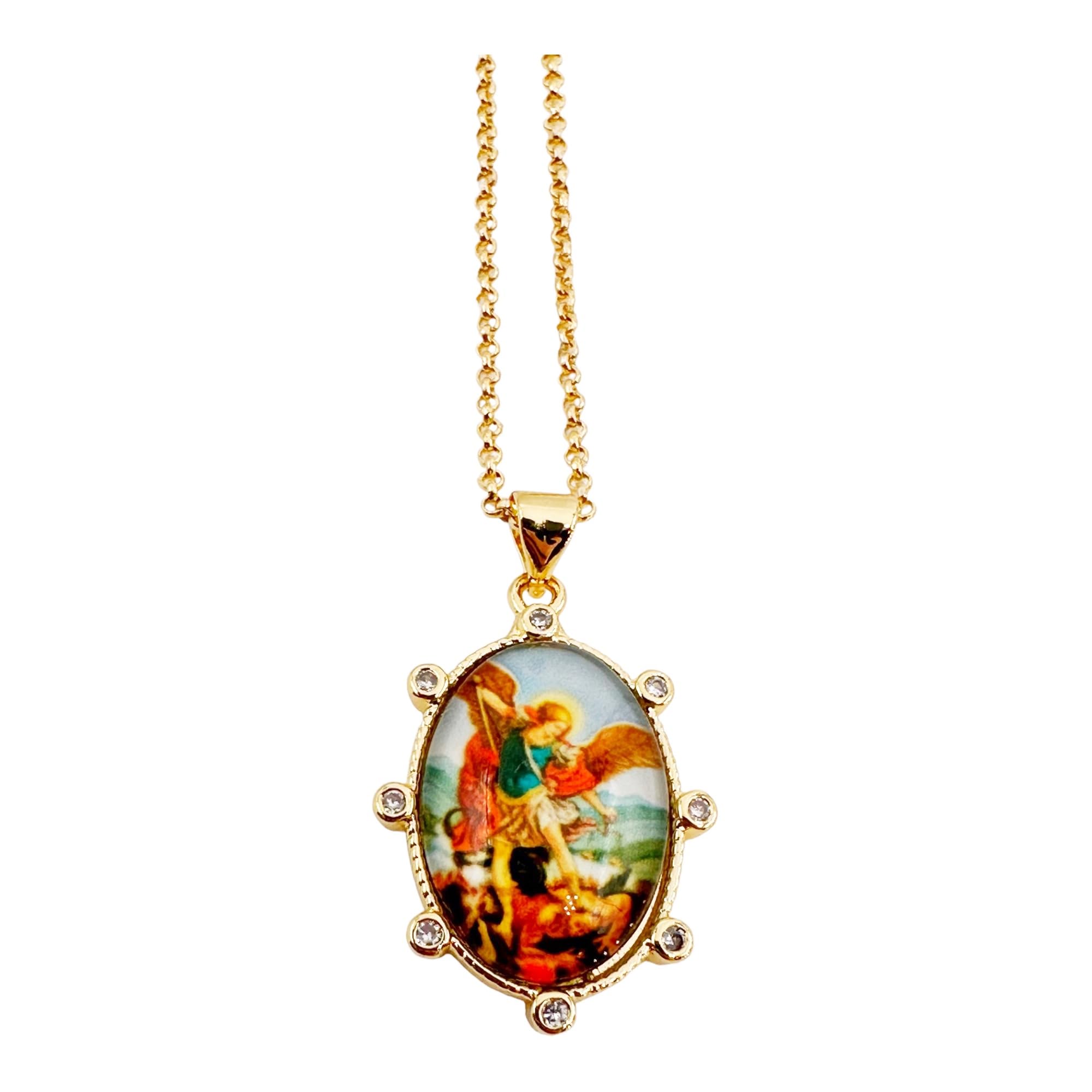 LESLIE BOULES St Michael The Archangel Pendant Necklace 18K Gold Plated Chain 18 Inches Length