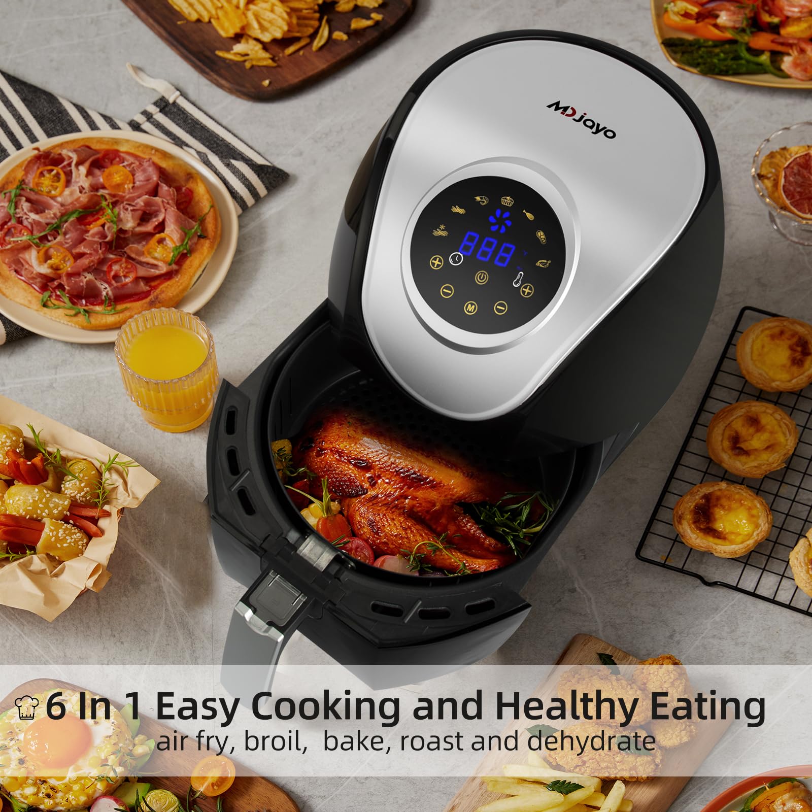 Mdjayo 4.4qt Air Fryer, Compact Oil Free Cooker, Smart Deep Airfryer Oven, 7-In-1 Digital LCD Touch Screen, Double Detachable & Dishwasher Safe Basket, Best Kitchen Accessories, Black