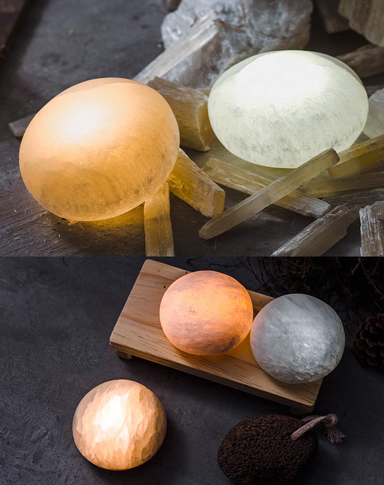 MIYA LIFE USB Rechargable Tap Lights, Hand Carved from Natural Selenite Stone, with LED Dimmer Switch (White/Warm/Yellow), Decoration for Cabinets/Closets/Bedroom Lights (Selenite Lights)