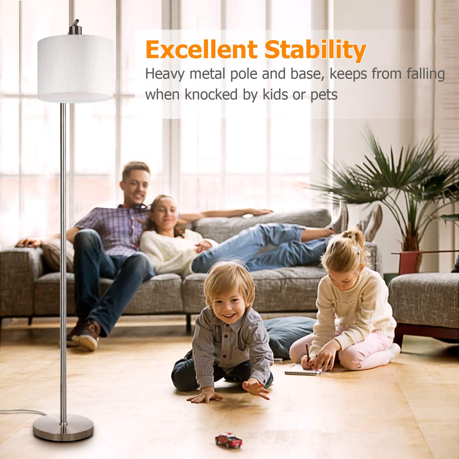 LED Floor Lamp with Dimmer, Fully Dimmable Standing Lamp Modern Tall Pole Lamp with Hanging Fabric Shade and Silver Base Montage Reading Light for Living Room Bedroom, Bright 8W LED Bulb Included