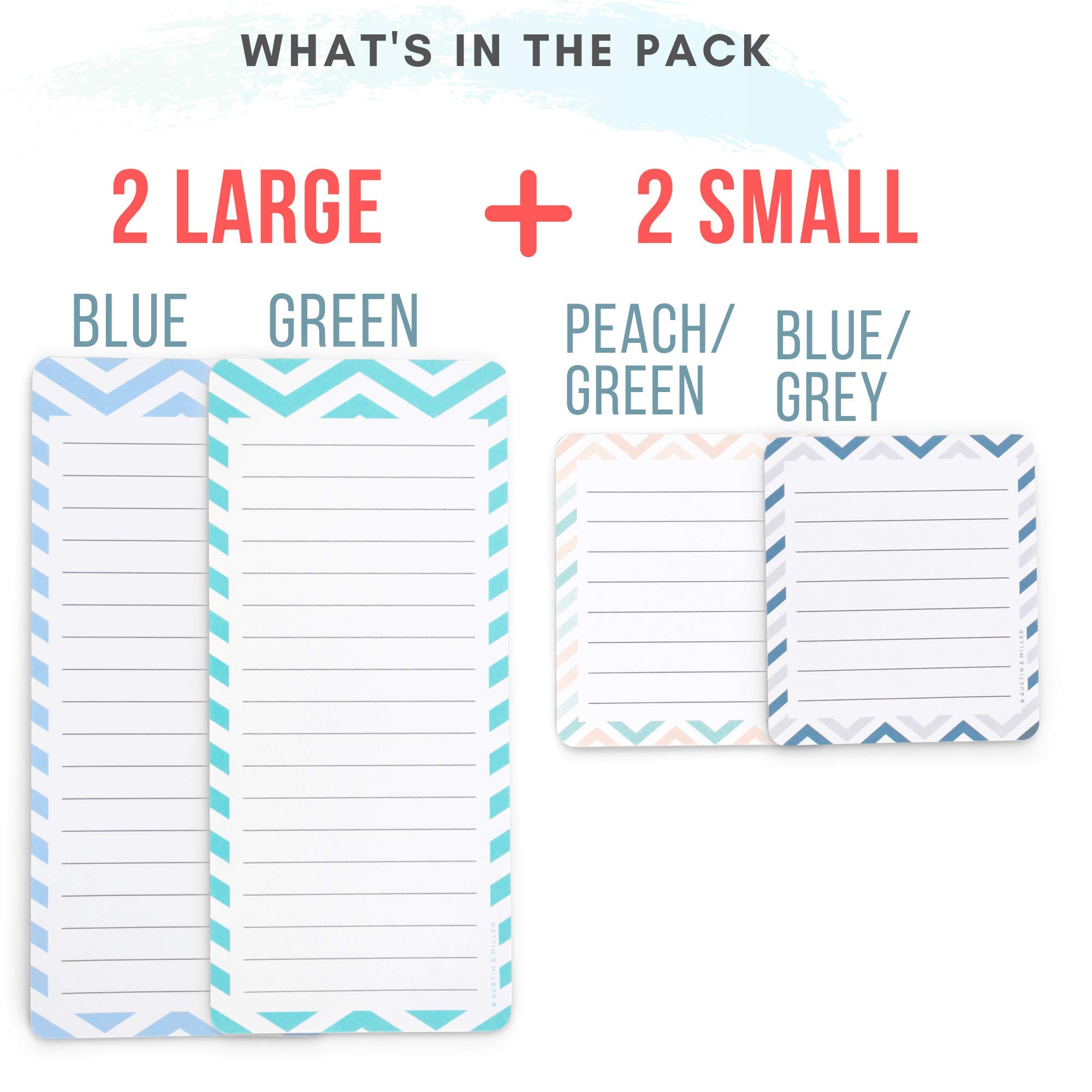 Magnetic Notepads in Large and Small Sizes for Fridge (4 Pack); Grocery Shopping List Pad, To-Do List, Reminders, Memo and Scratch Pad - Cute Modern Designs | Full Magnet Back | 50 Sheets per Note Pad
