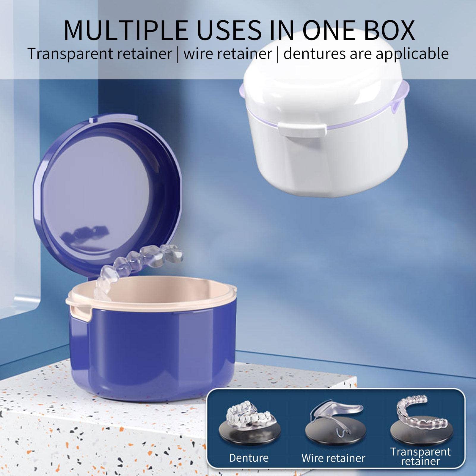 yuxun False Teeth Container | Denture Bath Case Cup with Strainer Basket | Night Cleaner Denture Bath Box for Retainer, Mouthguard, False Teeth, and Denture Cleaning