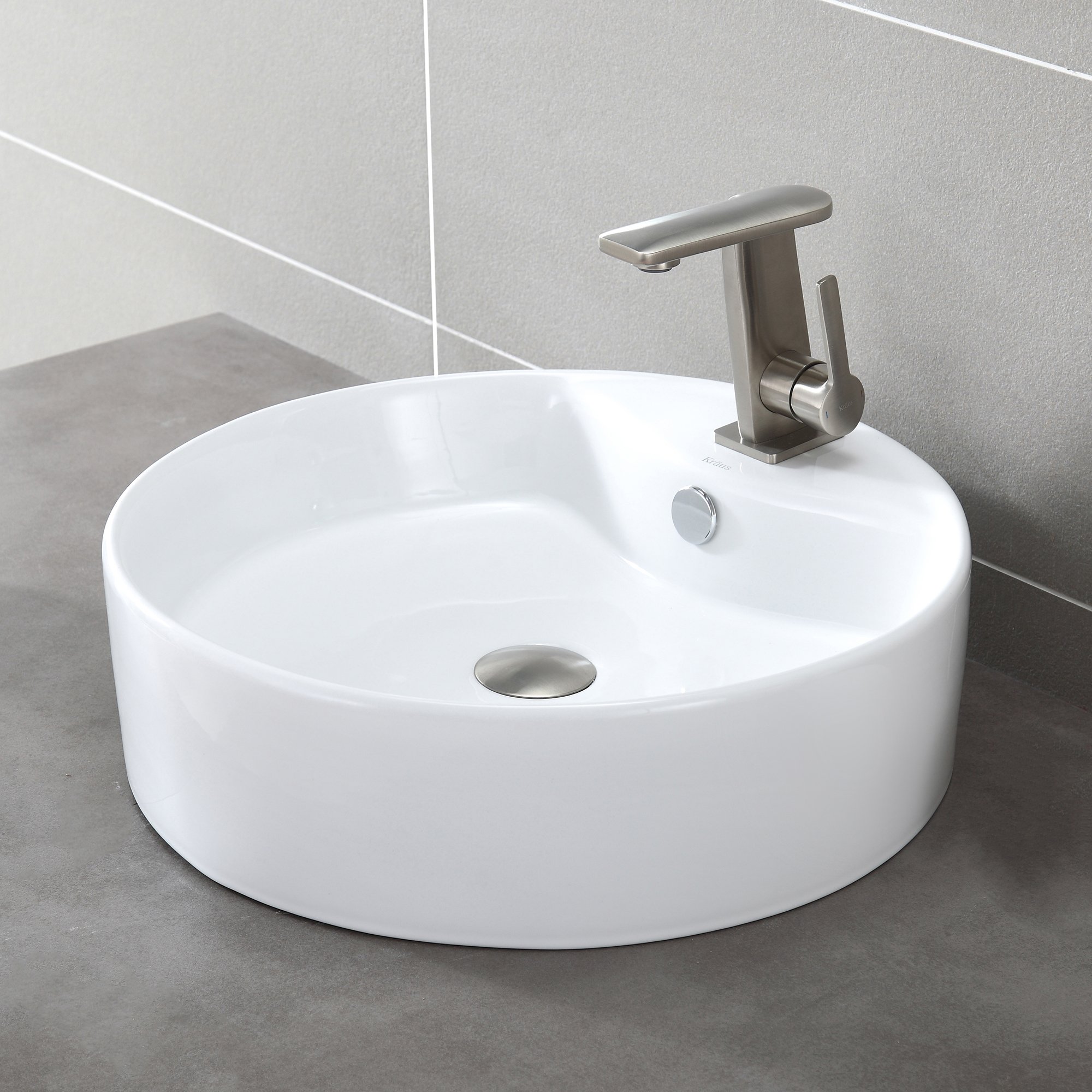 Kraus KCV-142-SN White Round Ceramic Bathroom Sink and Pop Up Drain with Overflow Satin Nickel