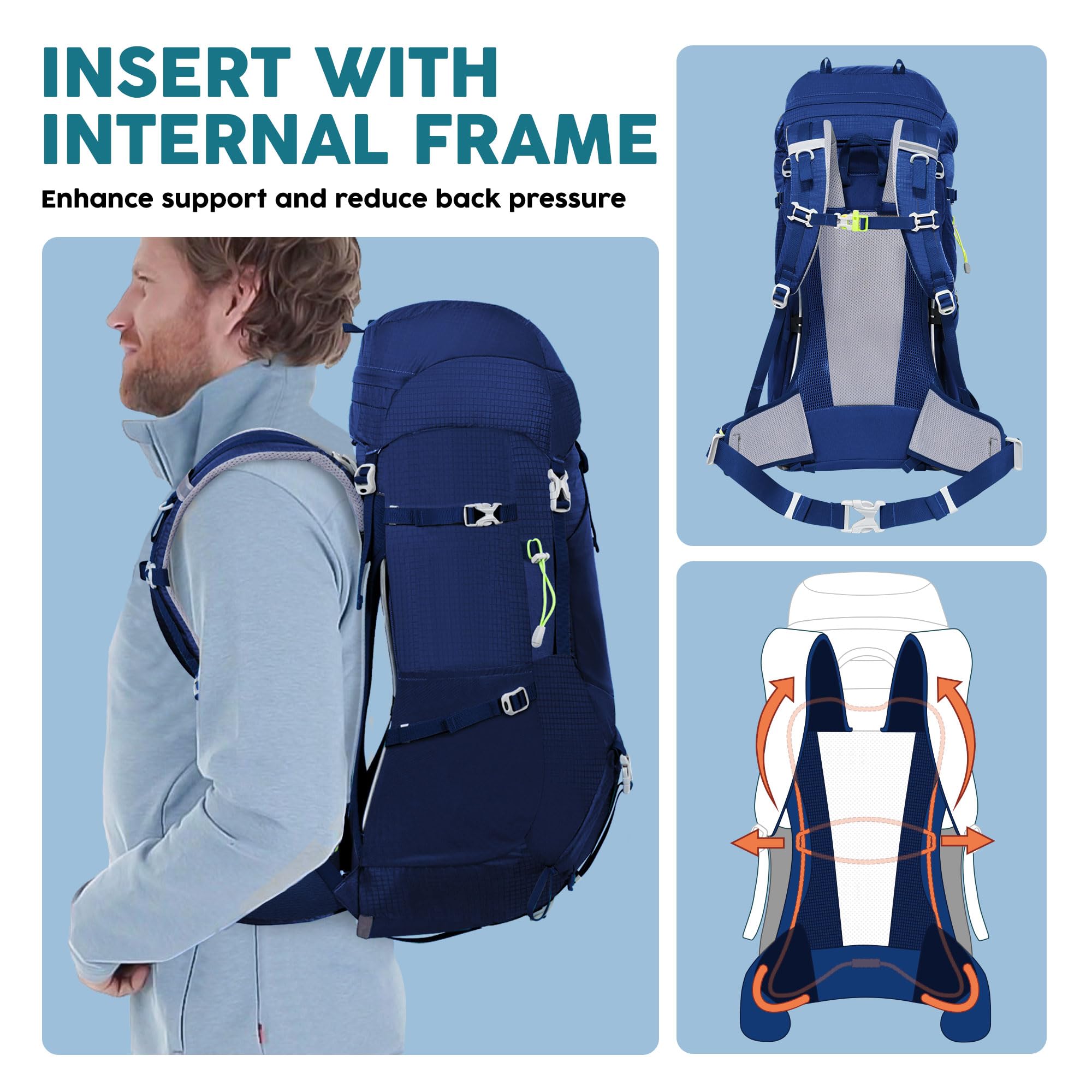 N NEVO RHINO Internal Frame Hiking Backpack 50/60/65/70/80L, Mountain Climbing Camping Backpack Daypack Waterproof Rain Cover