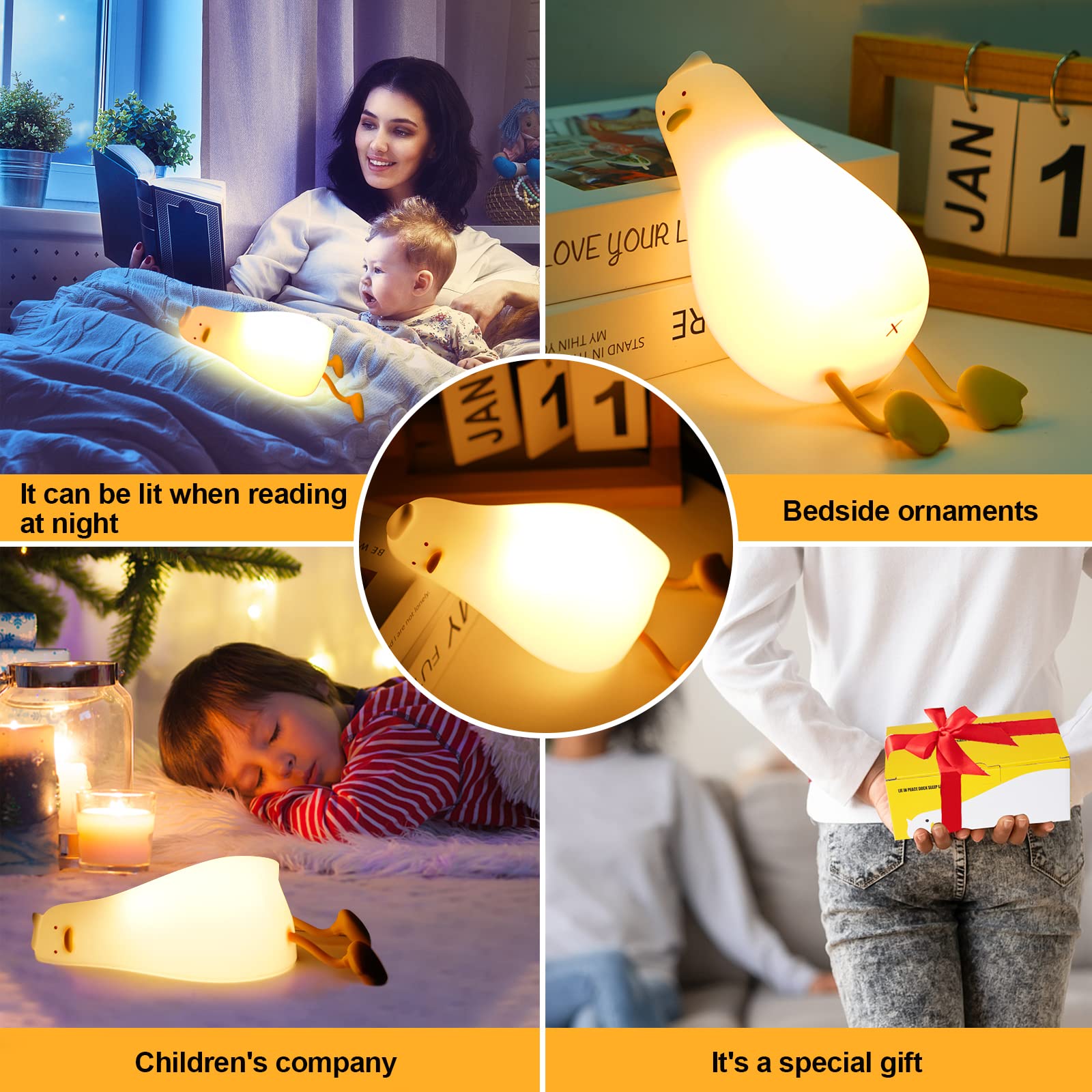 WTORSLD Lying Flat Duck Night Light,Animal Night Light,Adorable Rechargeable Duck Night Light for Kids - Adjustable Brightness, Timer, and Touch Control Breastfeeding Bedside Touch Night Light。
