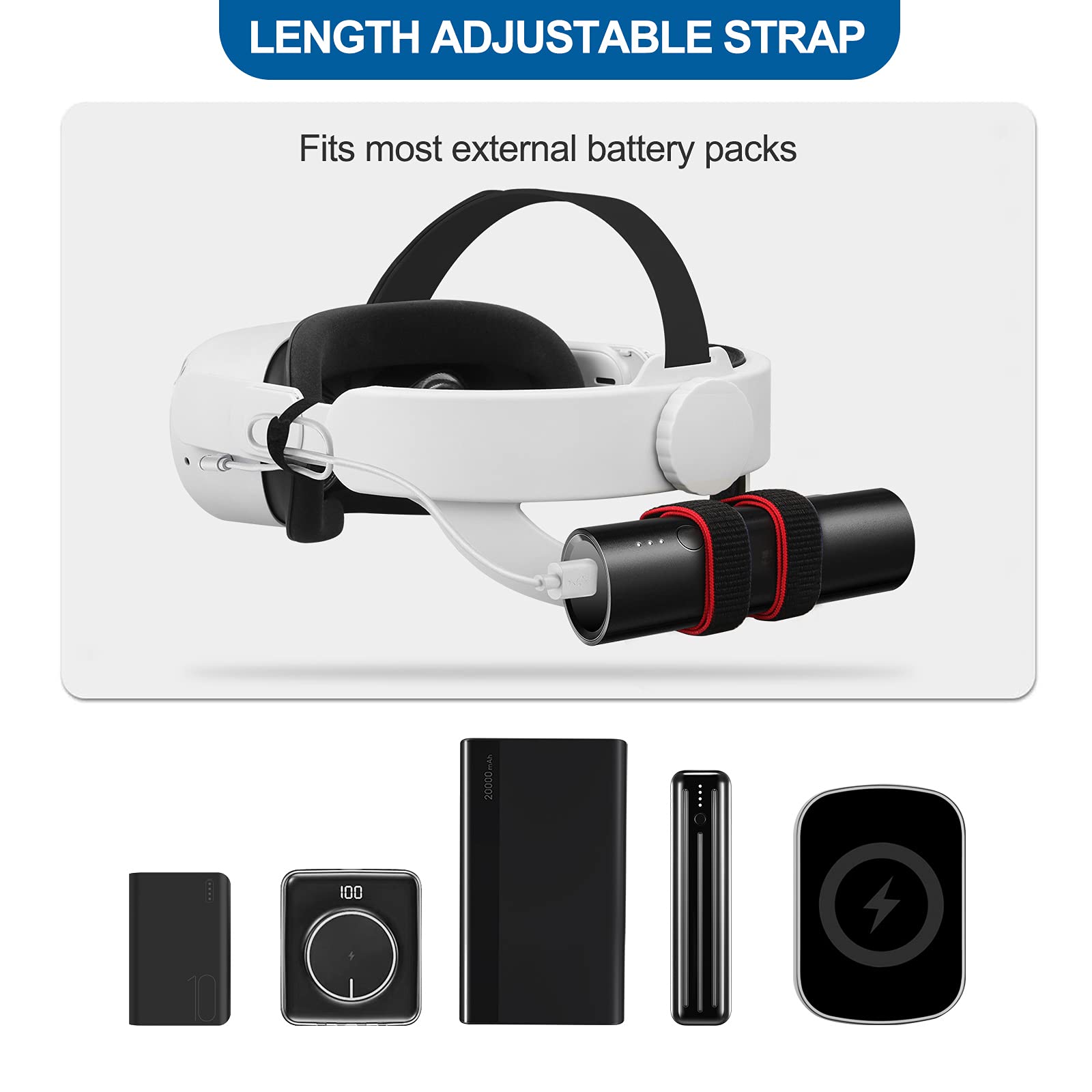 MASiKEN Universal Battery Pack Strap For Oculus Quest 2 Accessories Head Strap, Head Cushion, VR Meta Quest Powerbank Holder Compatible for Halo Headband, HTC Vive Deluxe Audio (With USB)