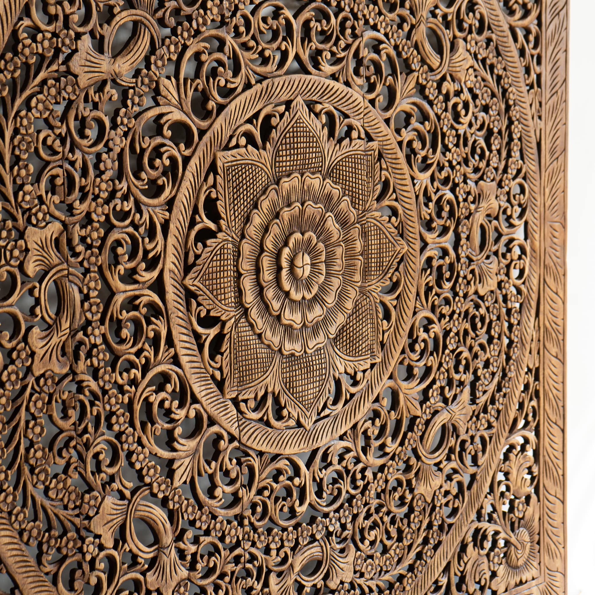 Queen Mandala Head Board Wood, Carve Wall Art Hanging, Reclaim Teak Medallion Panels, Weathered Brown Stain Finishing, 60 inches