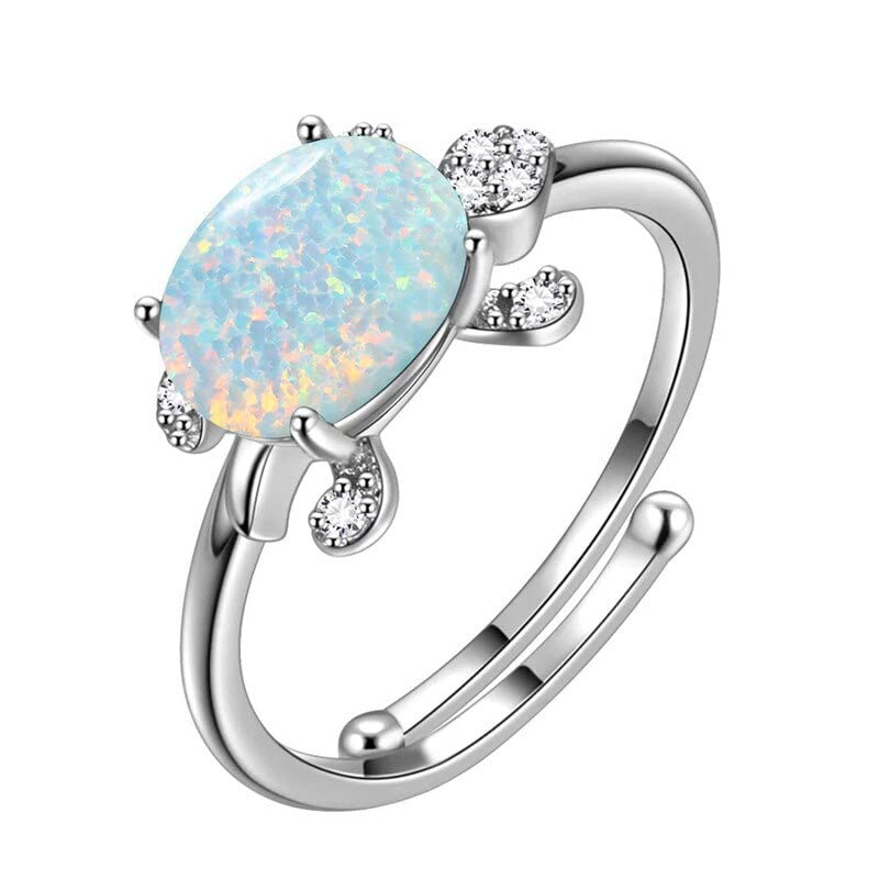 Rainbow Fire Opal Sea Turtle Adjustable Ring Multicolor Zircon Oval Stone Open Ring Classic Silver Color Wedding Rings for Women