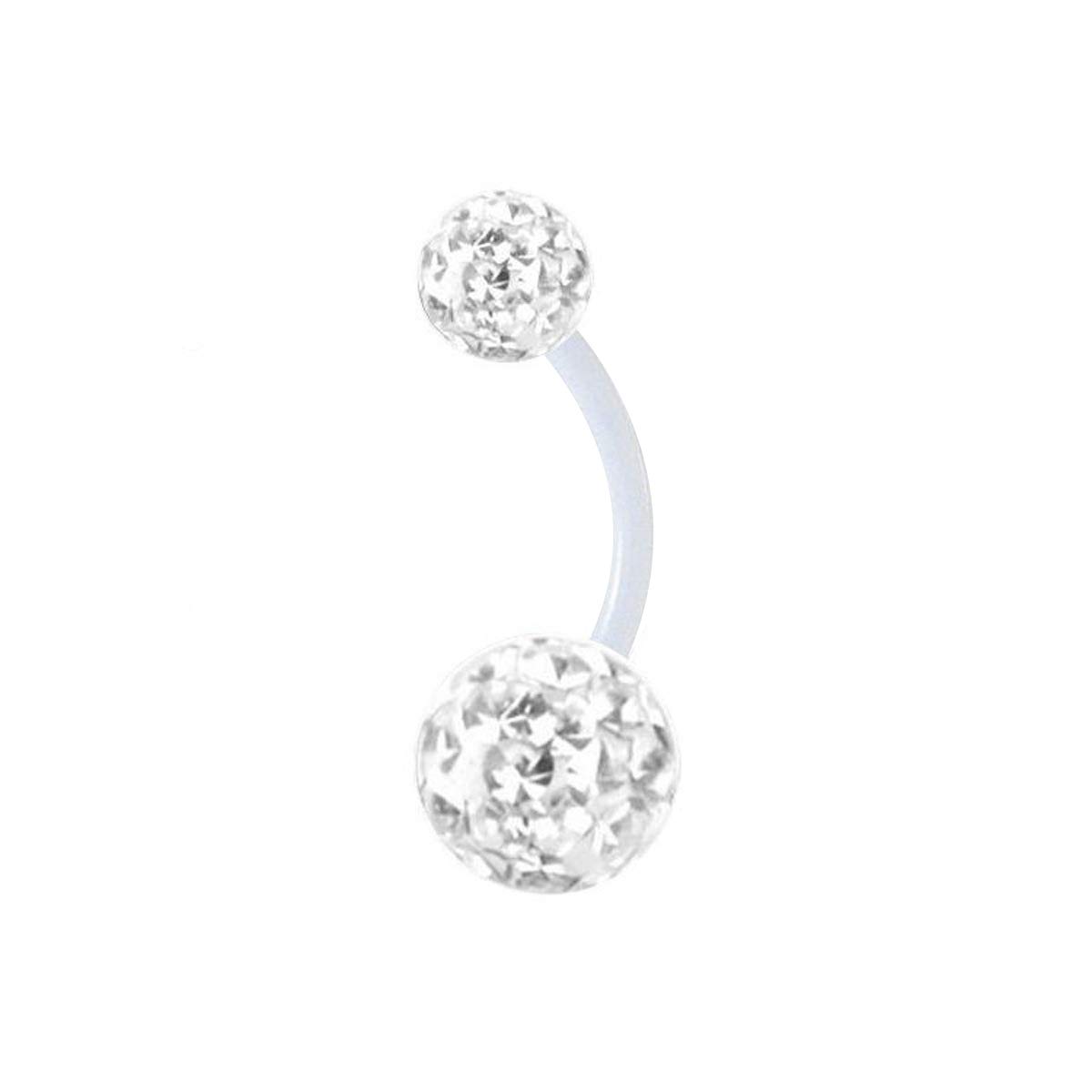 Lenacou 14G Bioflex Belly Button Rings Soft Plastic Double Balls Navel Barbell Cubic Zirconia Body Piercing Jewelry (White)