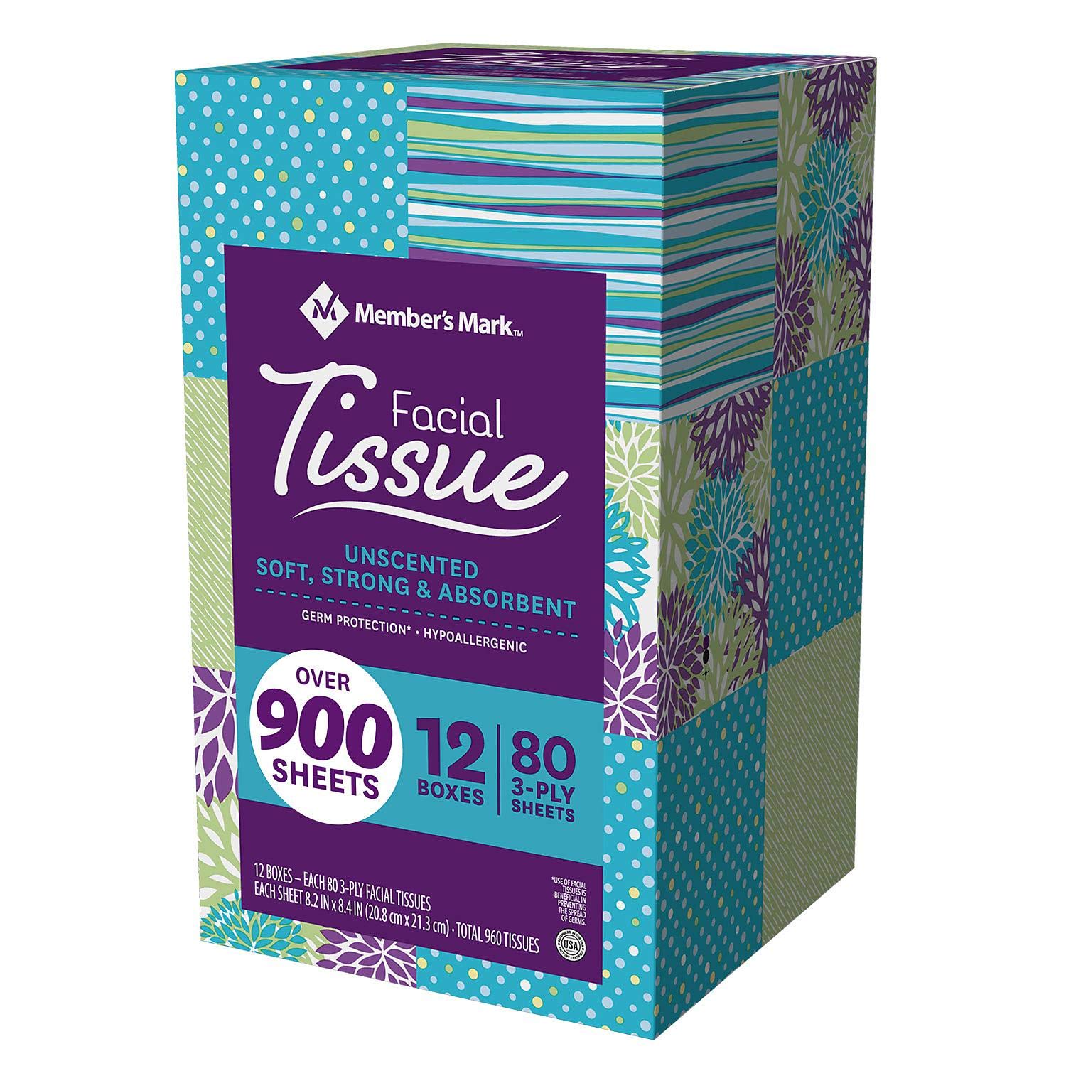 Member's Mark Expect More 3-Ply Soft and Strong Facial Tissue, 12 pk, 960 tissues (80 ct. per Box)