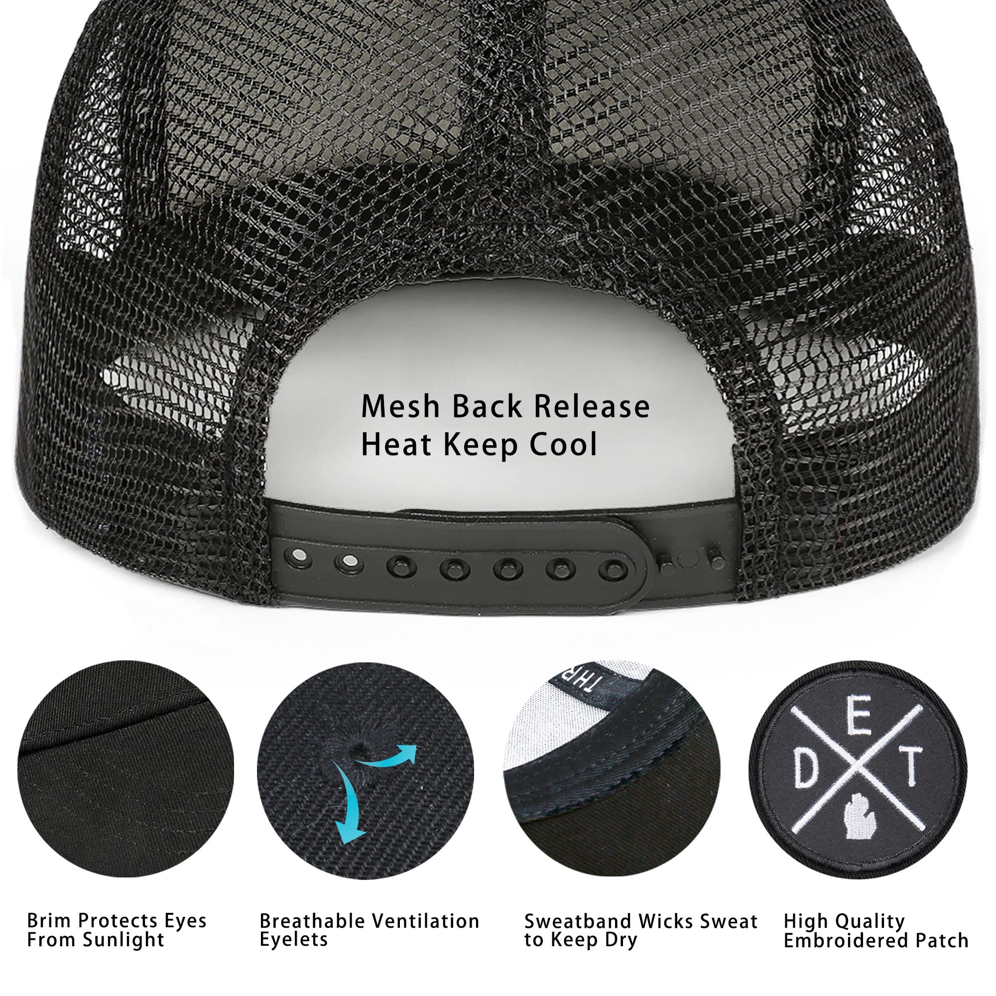 Nuyjimr Detroit - DET Black Baseball Caps for Women Men Mesh Trucker Cap Golf Hat Adjustable Size Cool