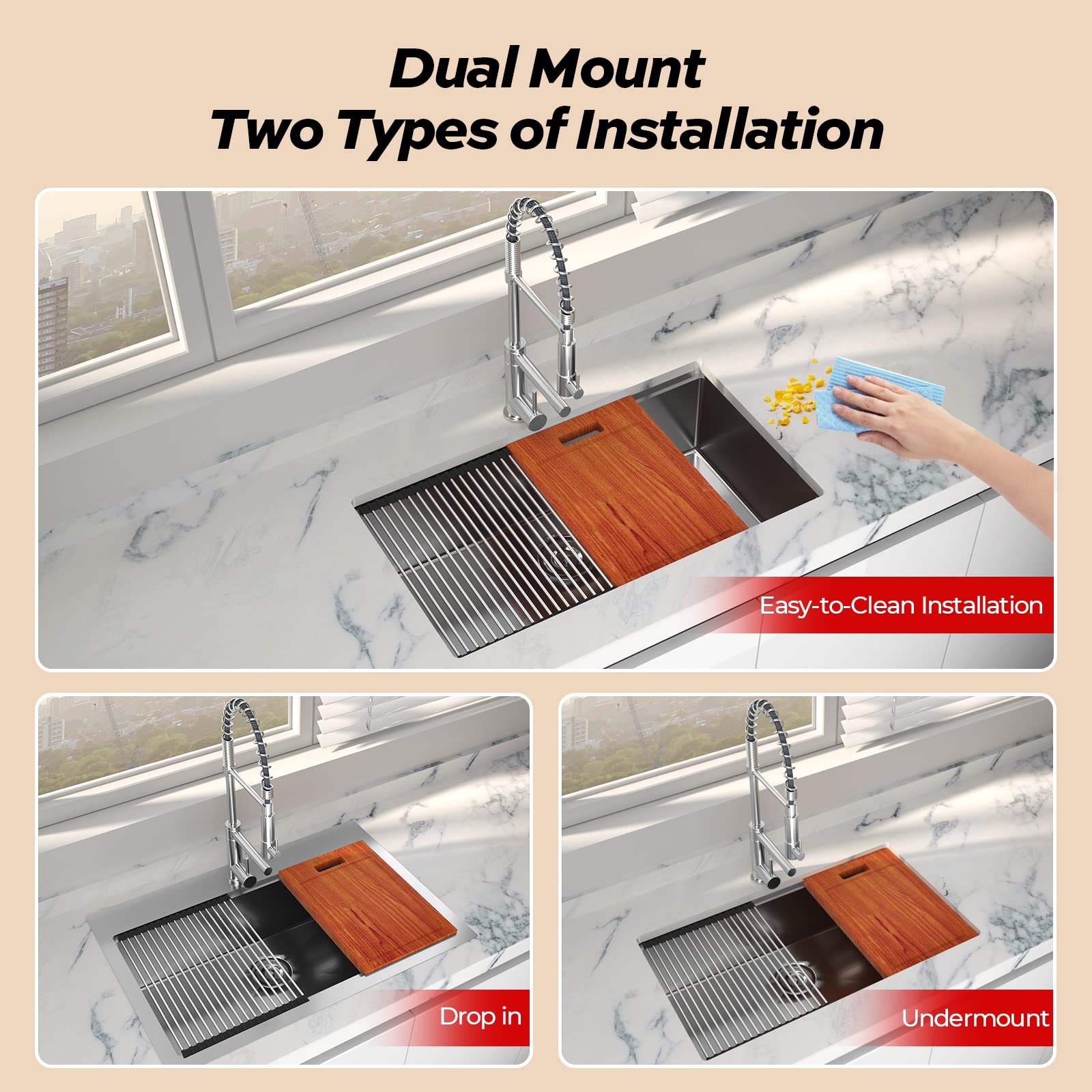 TECASA Workstation Kitchen Undermount Sink, 33 inch Drop-in Sink with Faucet Combo, Dual Mount All-in-One Single Bowl Stainless Steel Sink with Integrated Ledge and Accessories (Pack of 5)