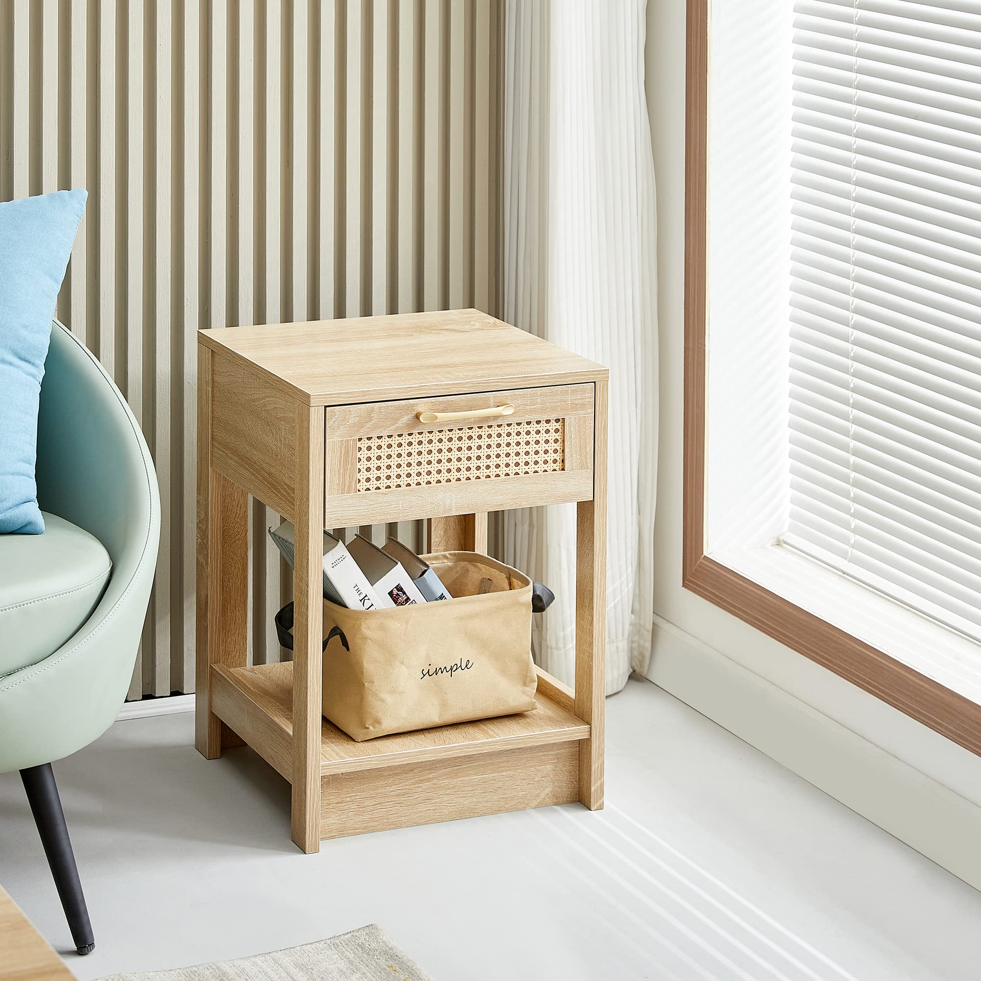 Meihua Rattan Nightstand, Boho Side Table with Handmade Rattan Decorated Drawer, Modern End Table for Bedroom, Living Room.