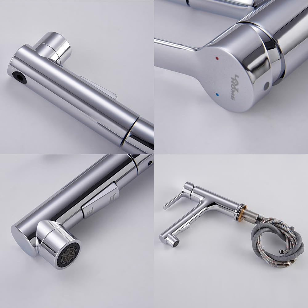 LAZ HOME Bathroom Faucet with Pull Out Sprayer Chrome Copper Single Handle Kitchen Basin Mixer Tap with Three Modes Sprayer Rotating Spout Hot and Cold Water Modern Vanity Basin Faucets with Sprayer