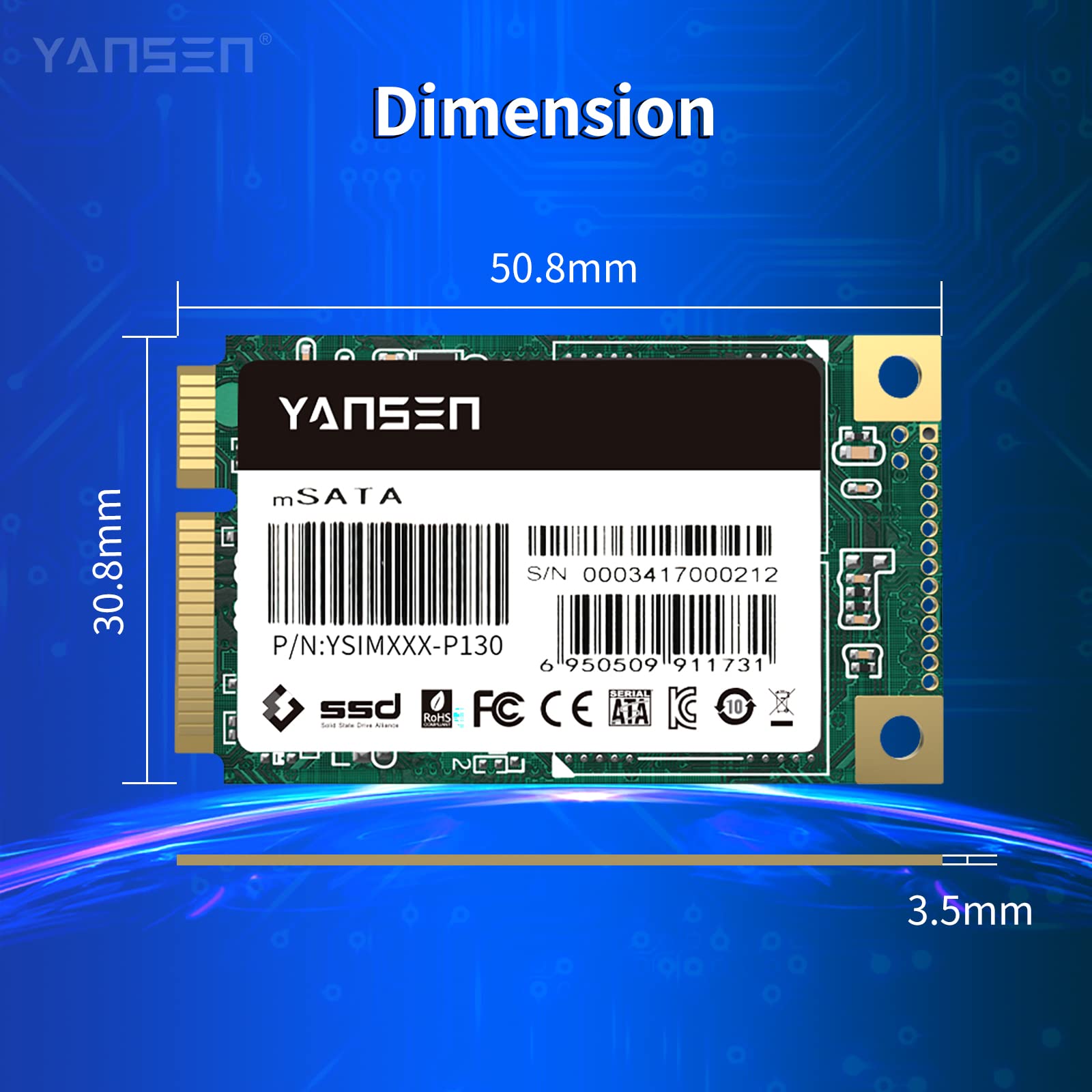 YANSEN Industrial Grade 128GB mSATA SSD, 3D NAND TLC Internal SSD with Phison Controller, Compatible with Cash Register/Vending Machine/Laptop/Desktop (128GB)