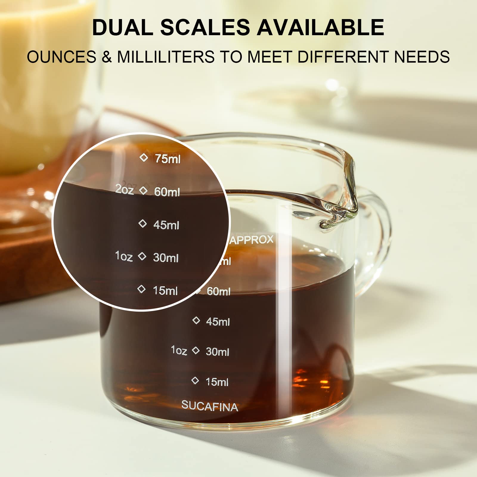 PARACITY Espresso Cup with Handle, Double Spout Glass Measuring Cup with Dual Scale, Espresso Shot Glass with V-Shaped Mouth, Clear Glass Milk Frothing Pitcher, Espresso Accessories, Milk Cup 2.5 OZ