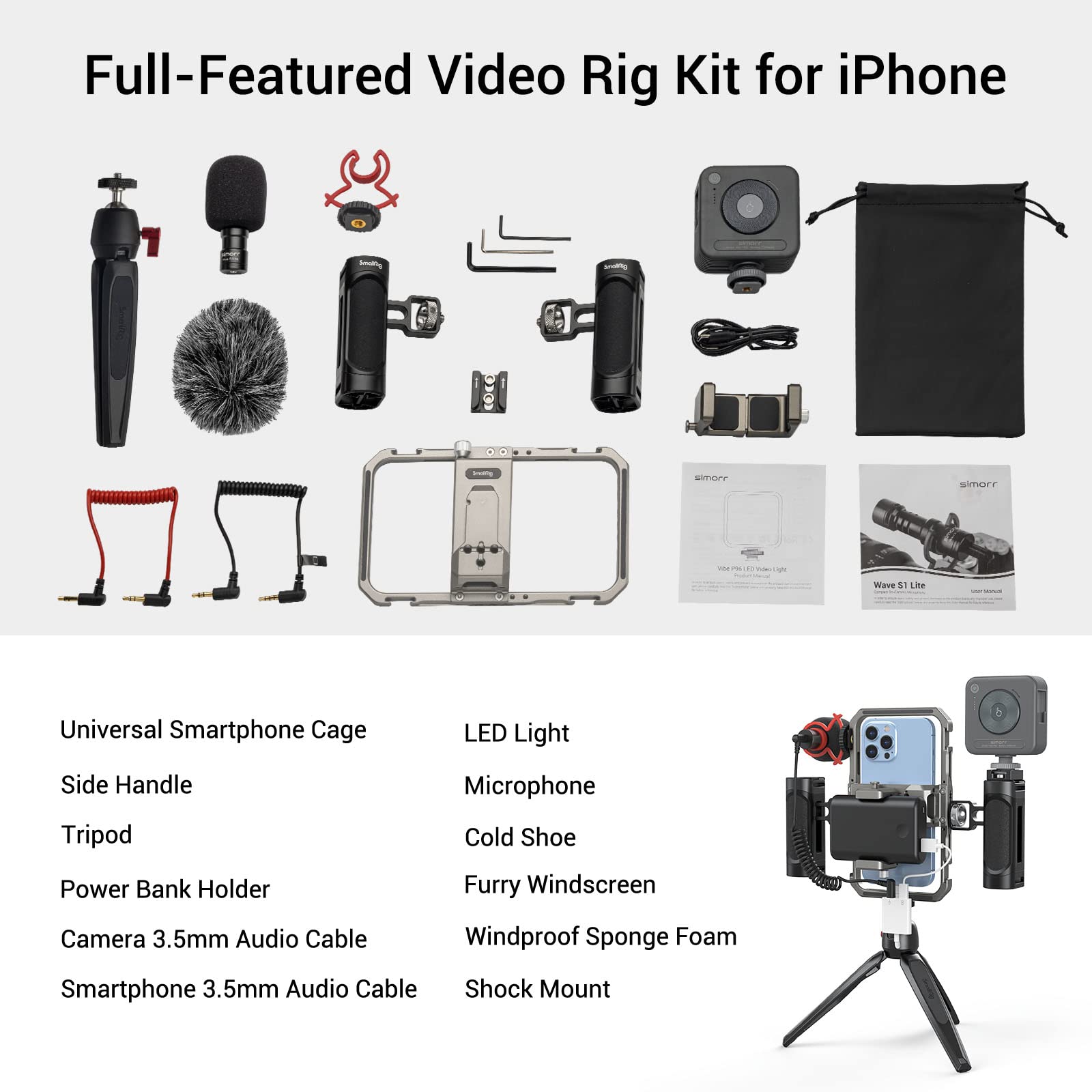 SmallRig Universal Phone Video Rig Kit for iPhone, All in One Video Kit with Tripod Side Handles LED Light Microphone Power Bank Holder, for Filming Vlogging 3610