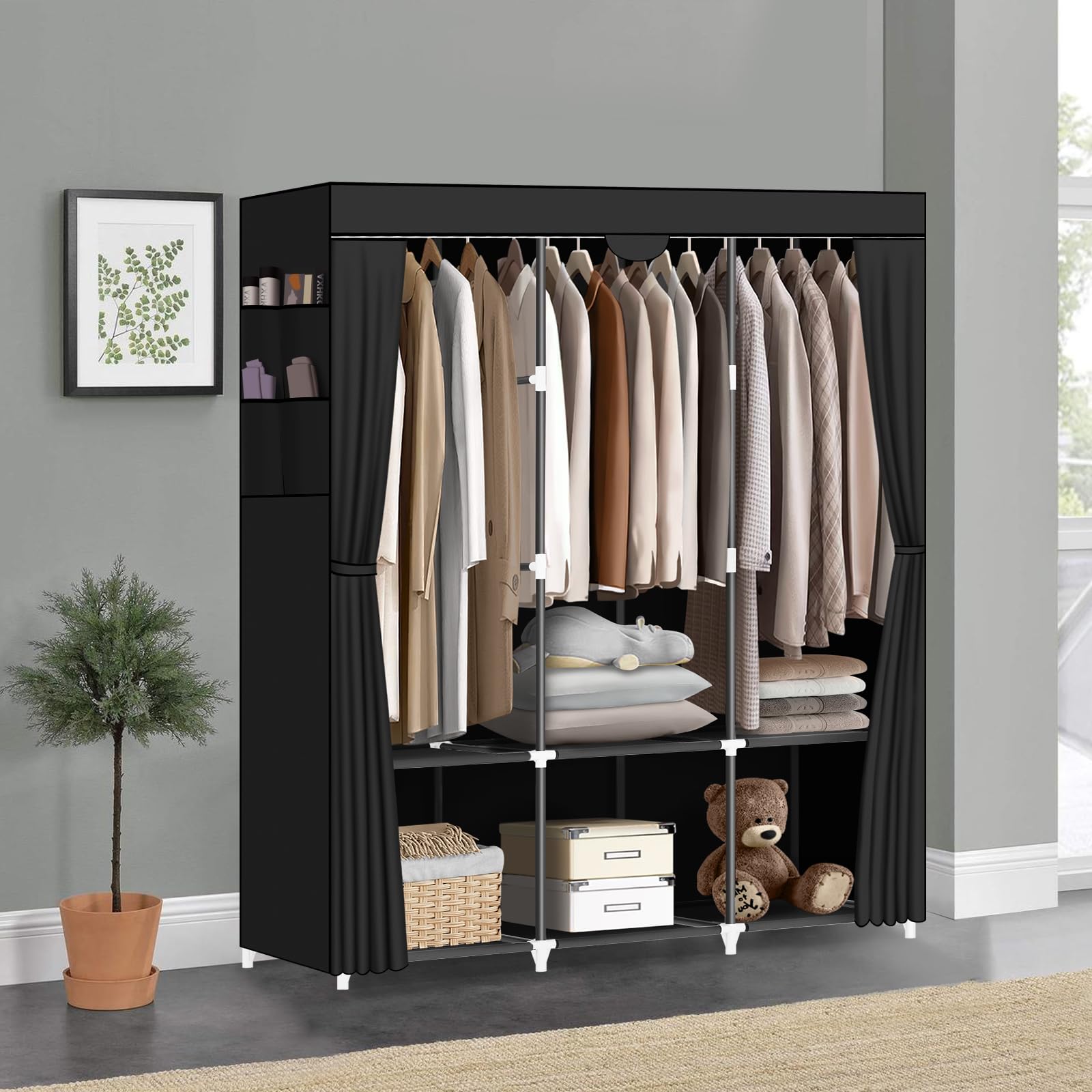 LOKEME Portable Closet, Portable Closets for Hanging Clothes with 3 Hanging Rods and 6 Storage Shelves and 4 Side Pockets, Black Wardrobe Closet Easy to Assemble and Strong and Stable