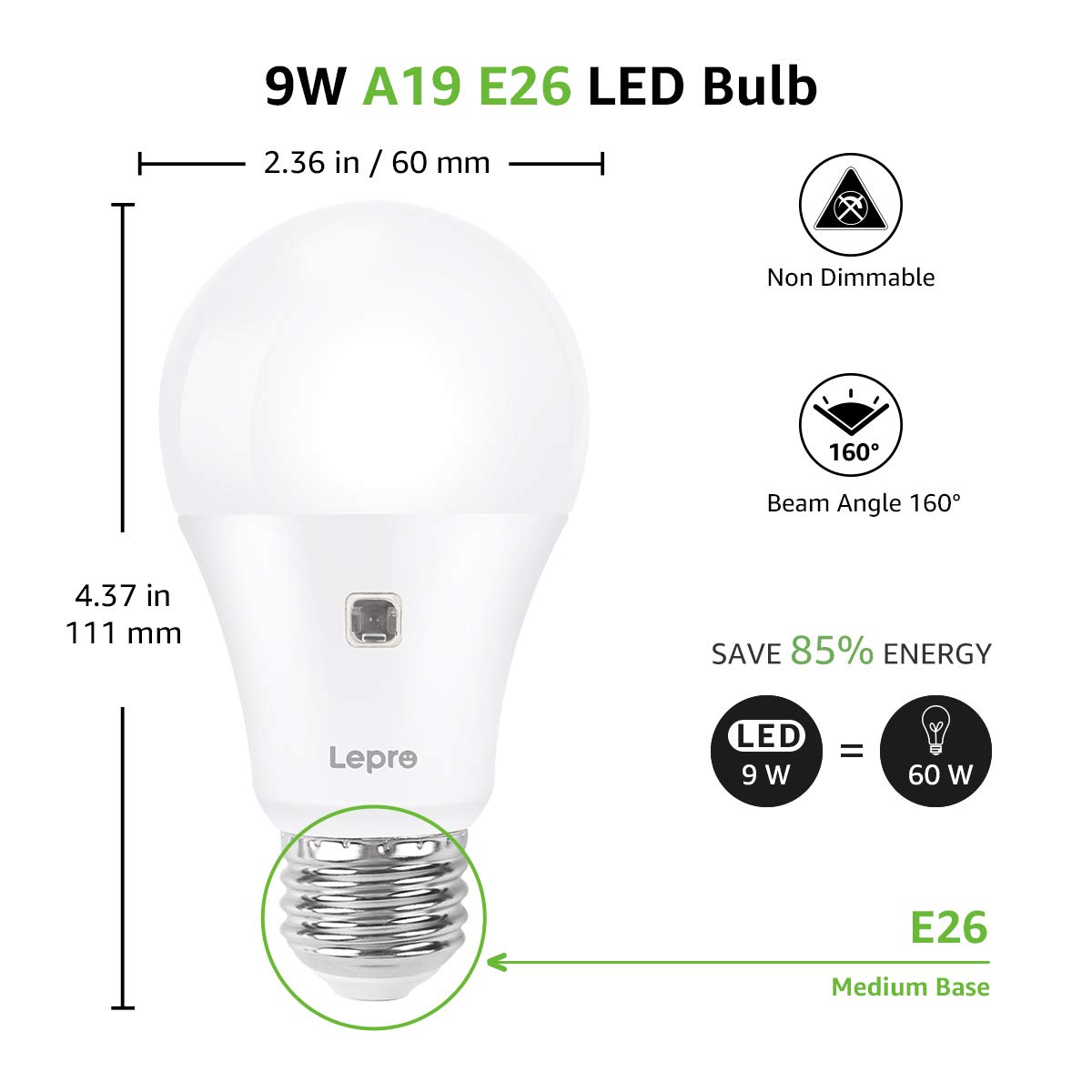 Lepro Dusk to Dawn Light Bulbs Outdoor Lighting, Auto On/Off, Light Sensor LED Bulbs, 60 Watt Equivalent, Non-Dimmable, A19 E26 Medium Screw Base, 9W 806 Lumens, Daylight White, Pack of 2