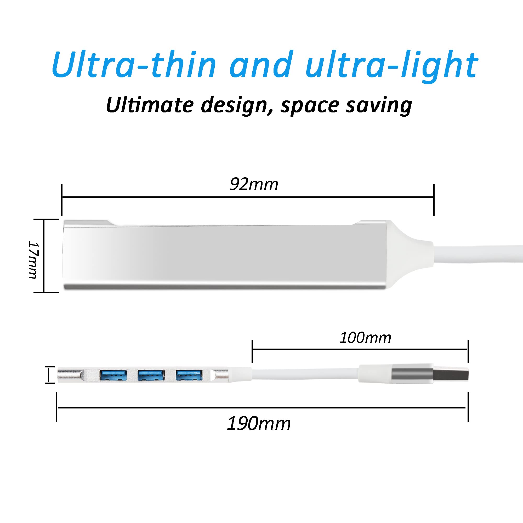 YAODHAOD Mini USB Hub Extensions,Aluminum 4 Port USB 3.0/2.0 5Gbps High-Speed Data Transmission USB Port Splitter Ultra-Slim USB Data Hub Portable for MacBook Pro Air HP XPS (USB A)