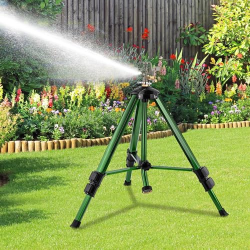 Tripod Sprinklers for Yard, Yumatum Lawn Sprinkler with 360 Degree Large Area Irrigation, Heavy Duty Adjustable Height from 16β-37β, 3/4 Inch Connector Sprinkler for Lawn/Yard/Garden, 1 Pack