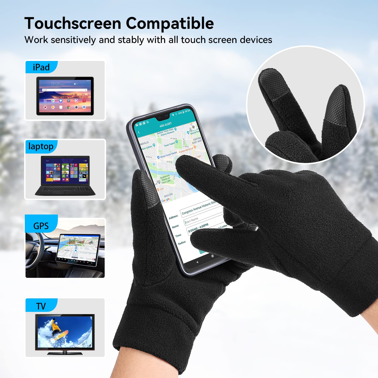 OZERO Mens & Womens Winter Gloves - Touchscreen Polar Fleece Snow Gloves with Elastic Cuff for Running | Drriving | Riding Black/Gray (Black(touching Fingertips), Medium)