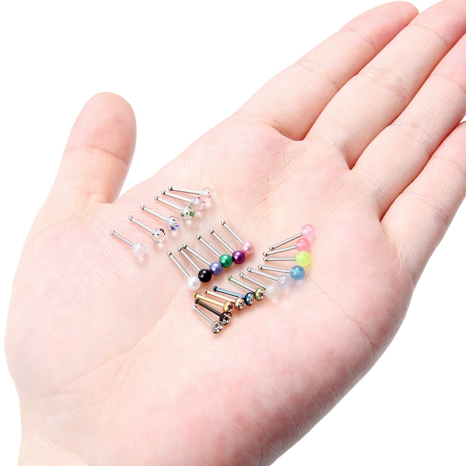 Lcolyoli 24Pcs 20G Externally Threaded Glow in the Dark Nose Studs Rings Bone Surgical Steel Nostril Pin Body Piercing Jewelry for Women Men 3mm Top