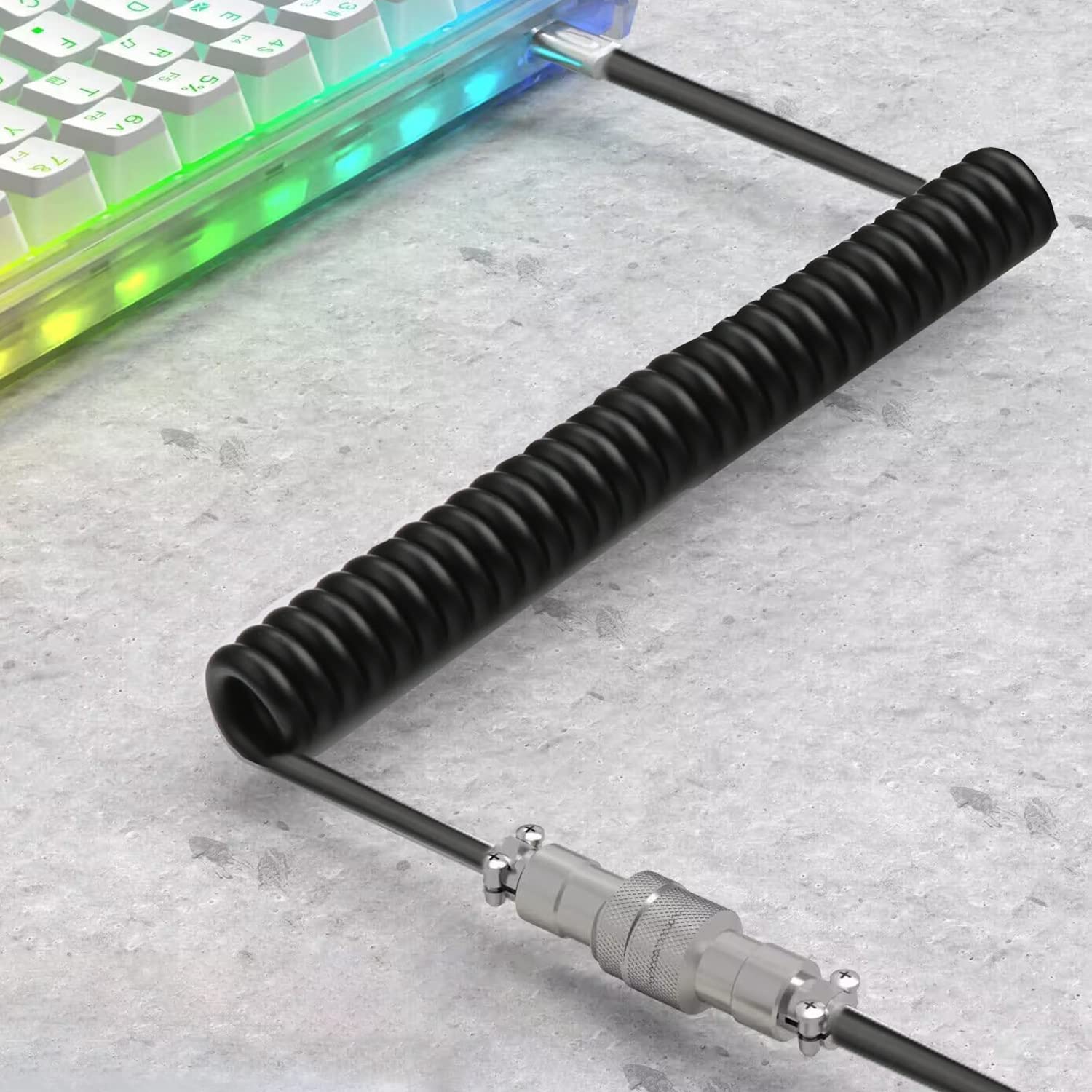 Rocketek Custom Coiled USB C Cable for Gaming Keyboard, Double-Sleeved Mechanical Keyboard Cable with Detachable Metal Aviator, 1.5M USB-C to USB-A Extendable Spring Cable