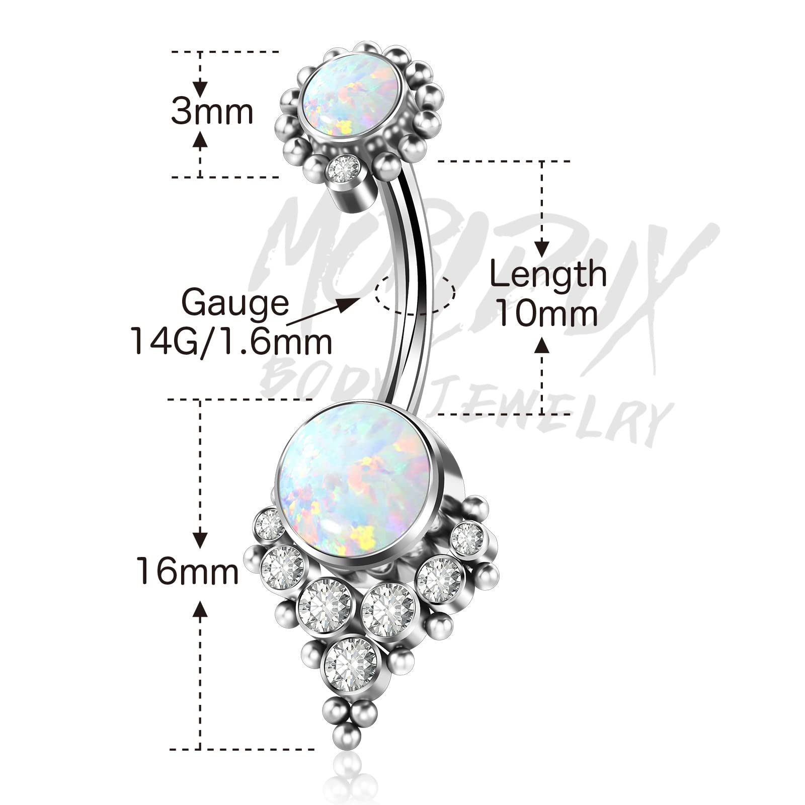 Moridux 14g G23 Real Solid Titanium Bezel Cluster Belly Button Rings With Opal CZ 10mm Internally Threaded Navel Piercing Jewelry Barbell Stud Navel Rings For Women(White Opal+Clear CZ)