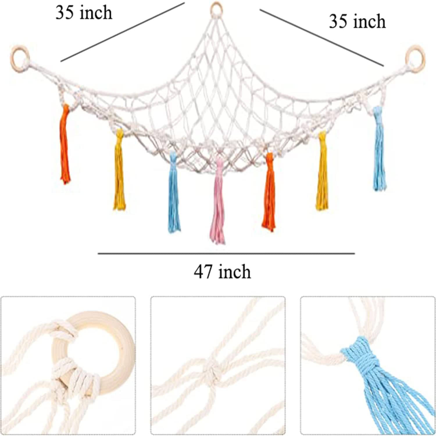 XIAOLAN Boho Stuffed Dolls Hammock Hanging Plush Toy Holder Boho Cotton Macrame Tassels Wall Storage Suitable for Bedroom Nursery